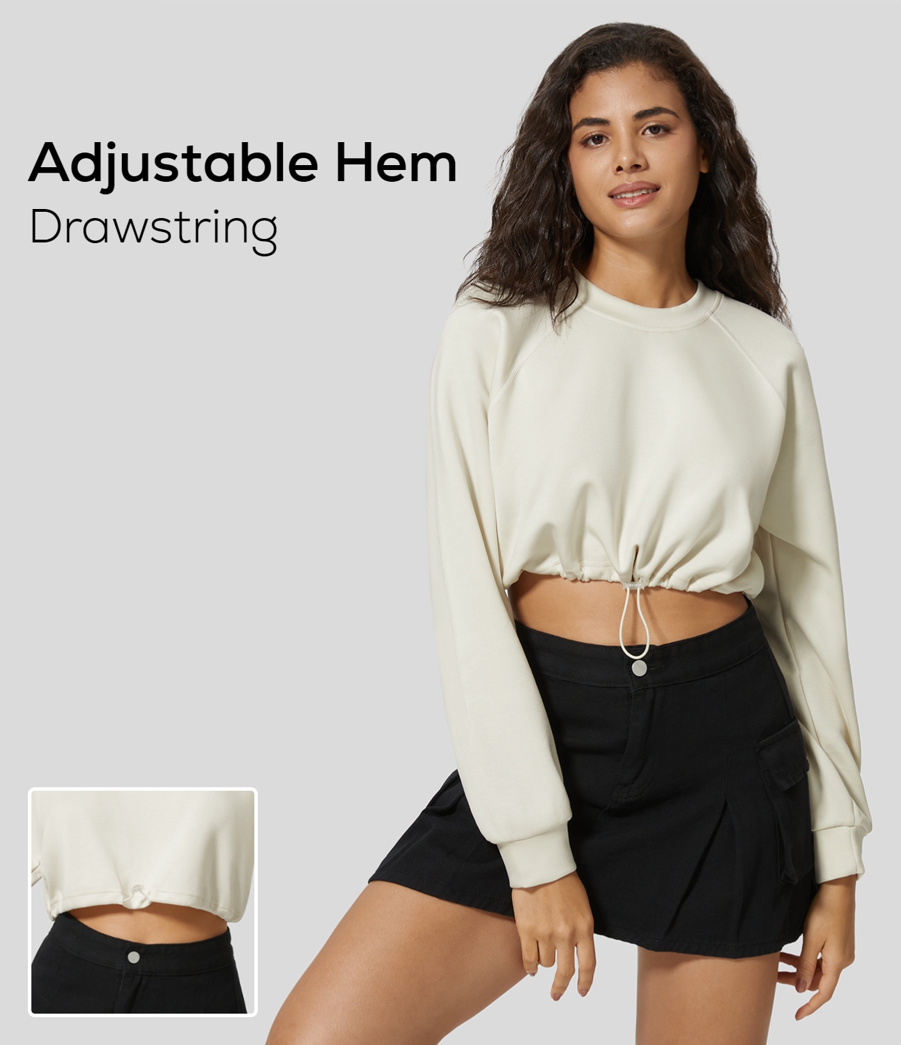 Women’s Round Neck Raglan Sleeve Adjustable Drawstring Hem Cropped ...