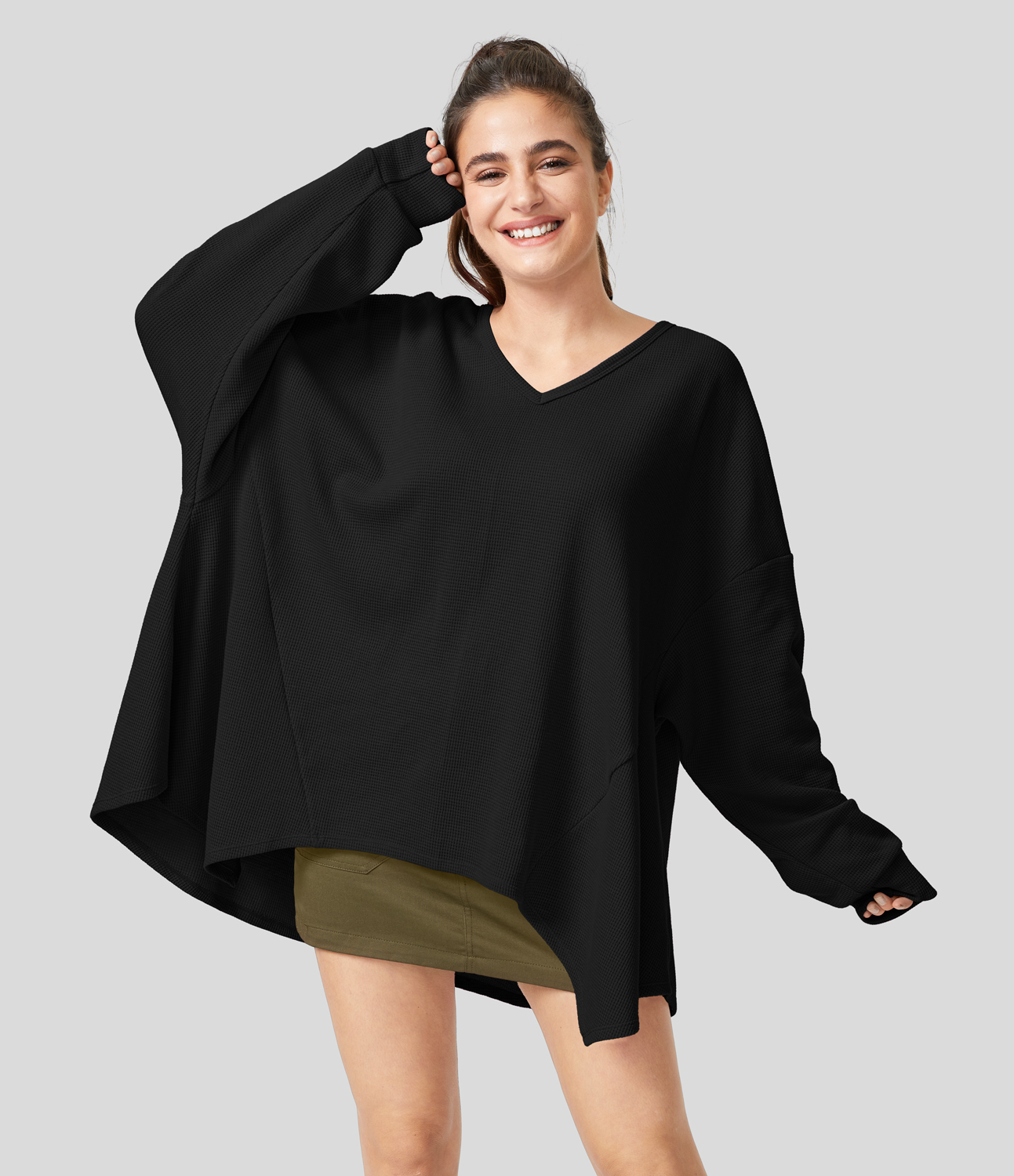 Women’s Oversize V Neck Long Sleeve Asymmetric Hem Waffle Casual Cotton ...