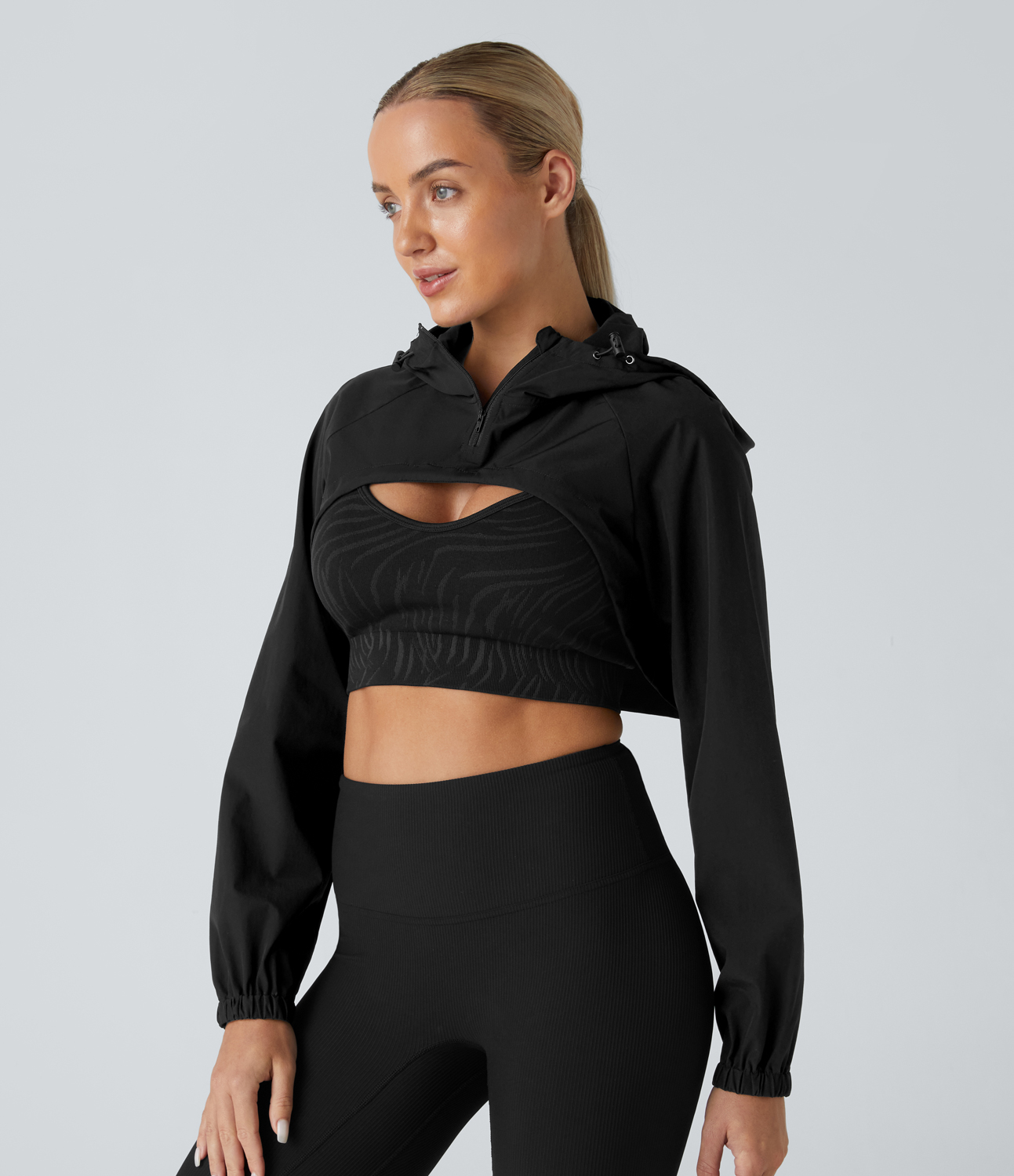 Women’s Hooded Adjustable Drawcord Half Zipper High Low Cropped Hiking ...