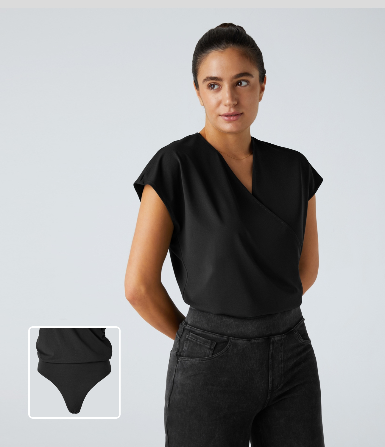 Women’s V Neck Cap Sleeve Crossover Ruched Work Bodysuit - Halara