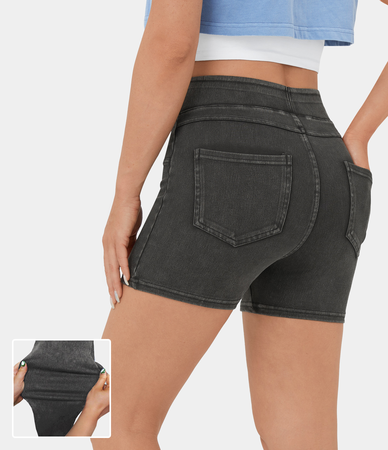 Women's High Waisted Back Side Pocket Stretchy Knit Denim Casual Shorts 3" - HALARA