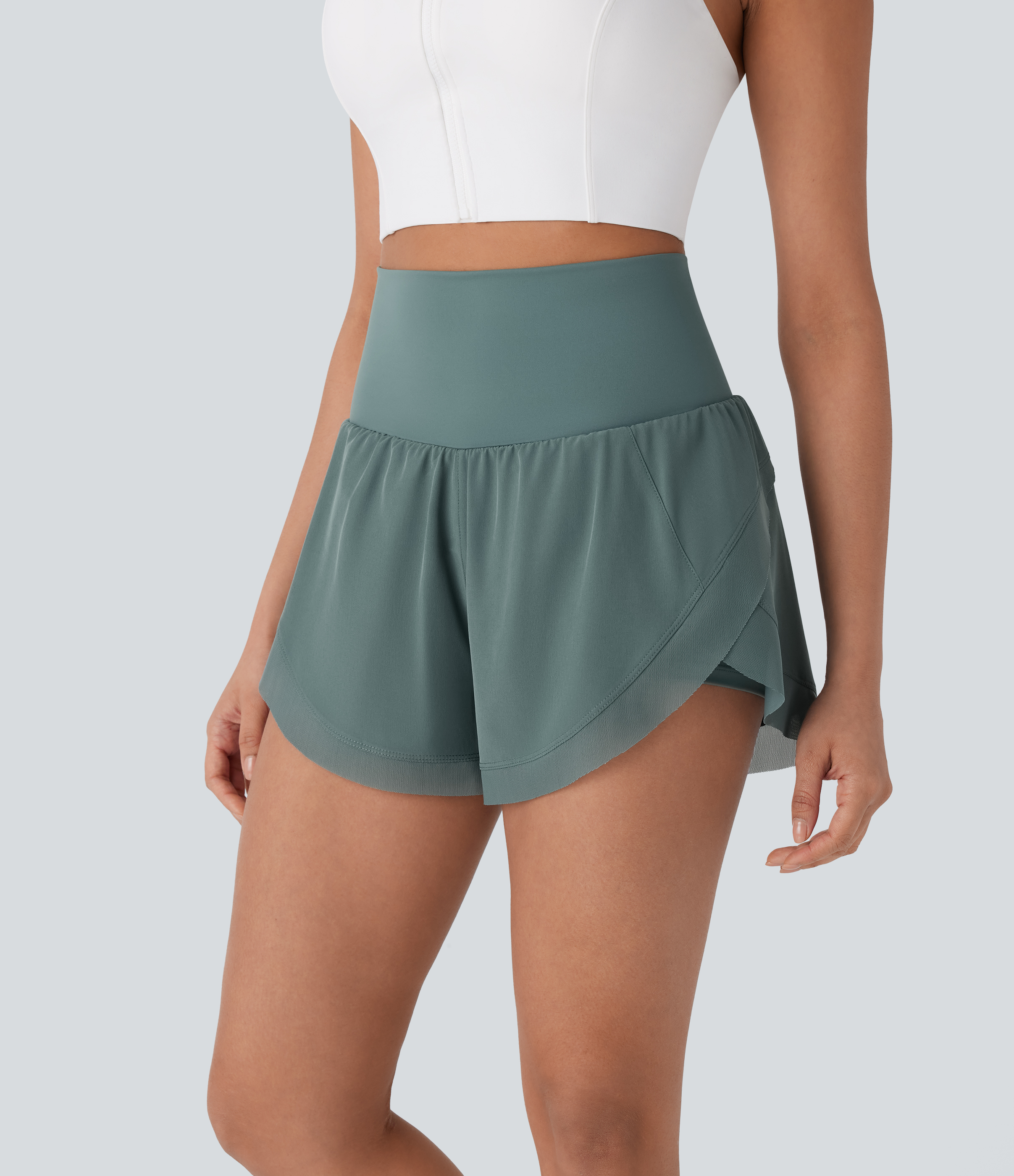 Women’s High Waisted Back Pocket 2-in-1 Contrast Mesh Curved Hem ...