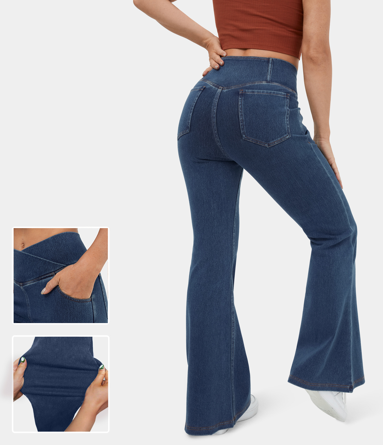 Womens High Waisted Crossover Pocket Washed Stretchy Knit Denim Casual