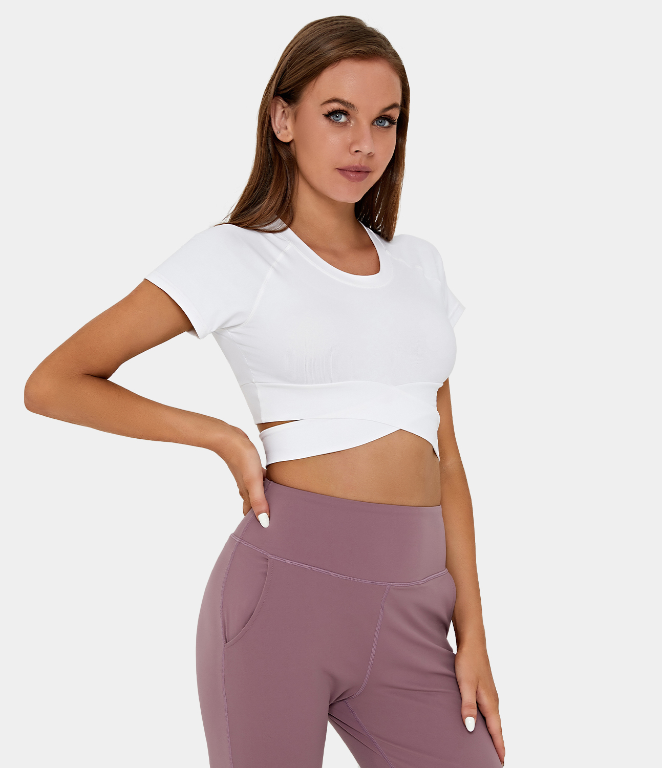 Women's Cut Out Crossover Hem Cropped Sports Top-No Pad - HALARA
