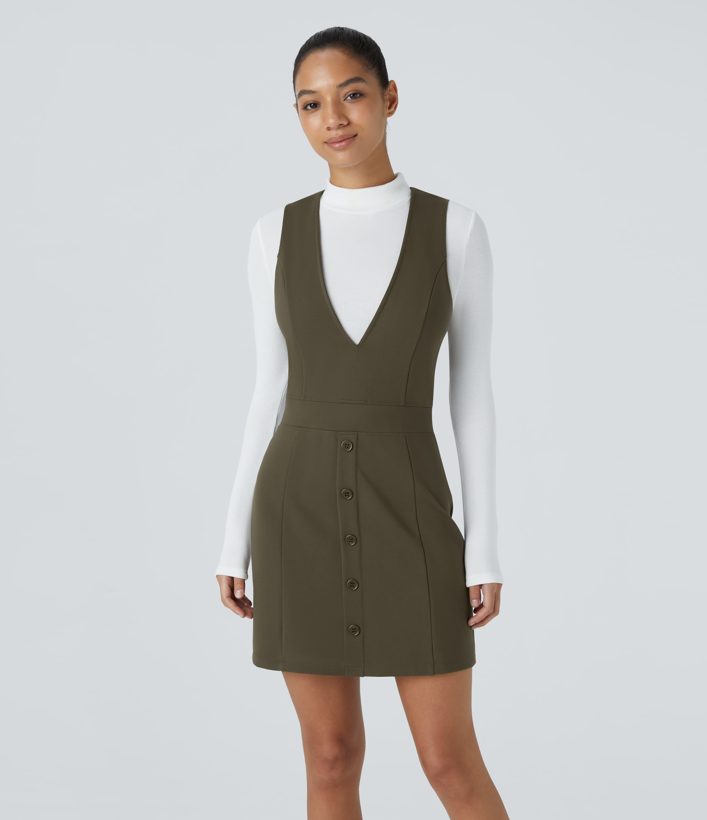 Women’s V Neck Sleeveless Decorative Button Back Side Pocket Mini Work ...