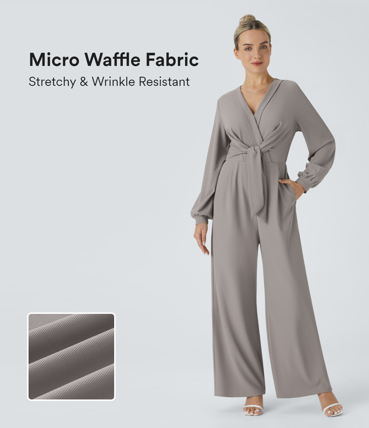 Women’s V Neck Snap Button Tie Front Side Pocket Wide Leg Micro Waffle ...