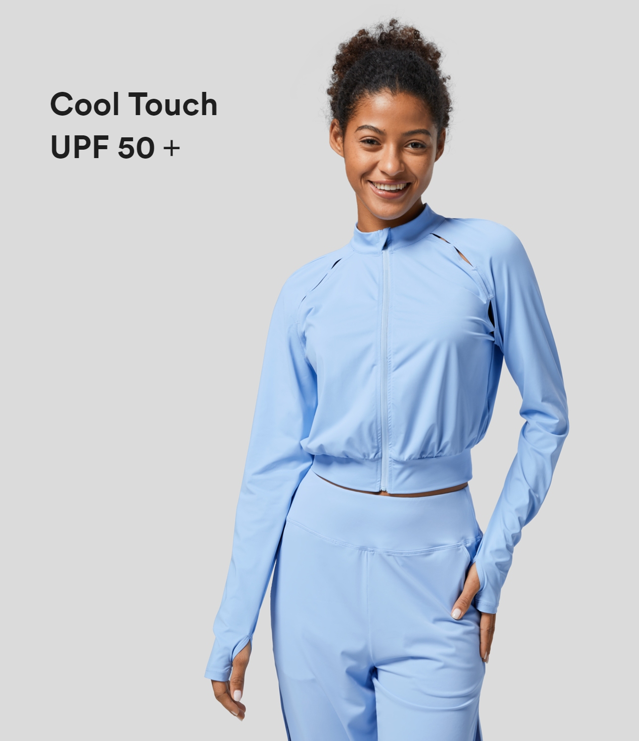 Women’s Stand Collar Zipper Thumb Hole Cut Out Cool Touch Yoga Jacket ...