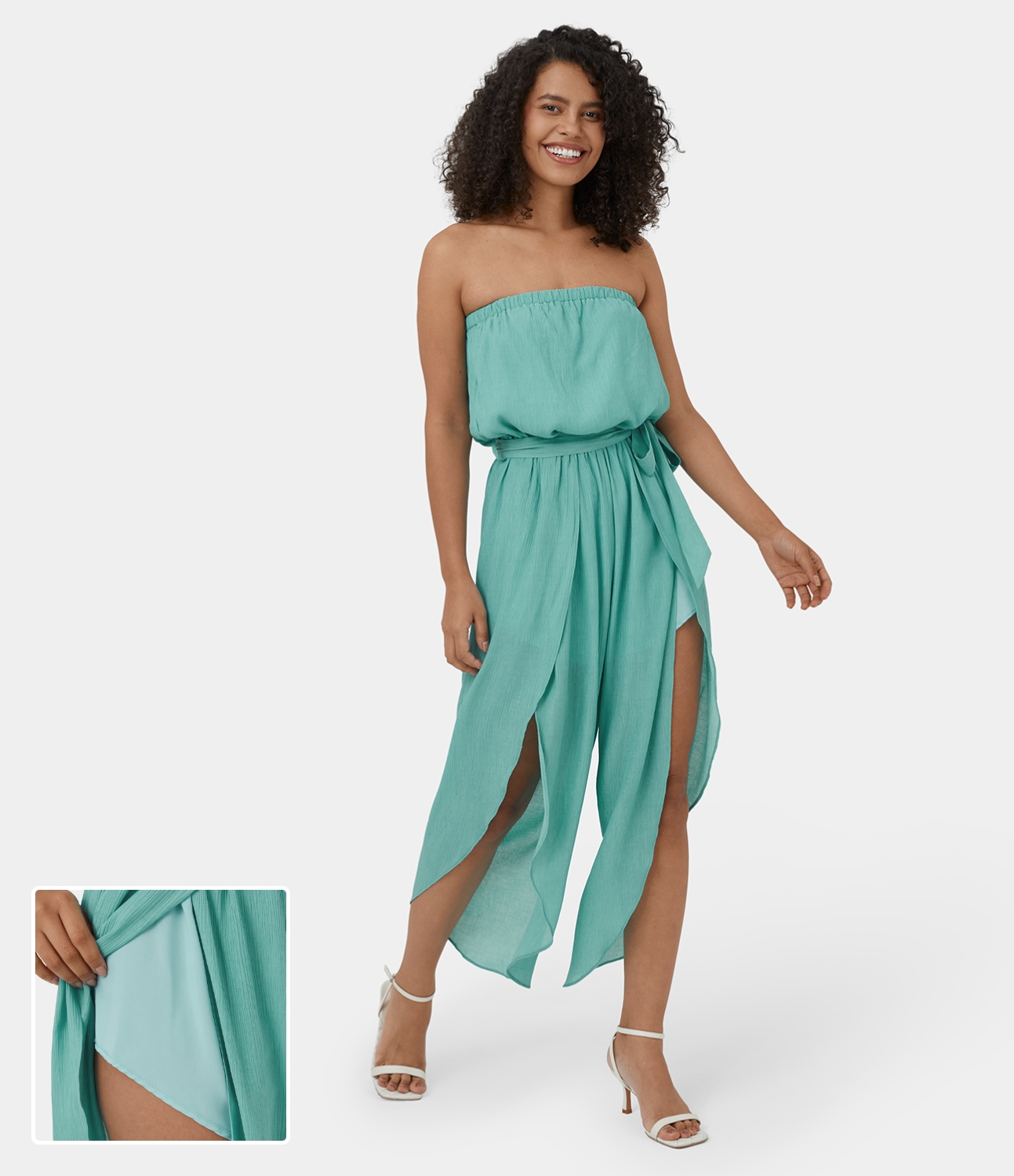 Trägerloser, rückenfreier, lässiger 2-in-1-Flowy-Jumpsuit mit Schlitz ...
