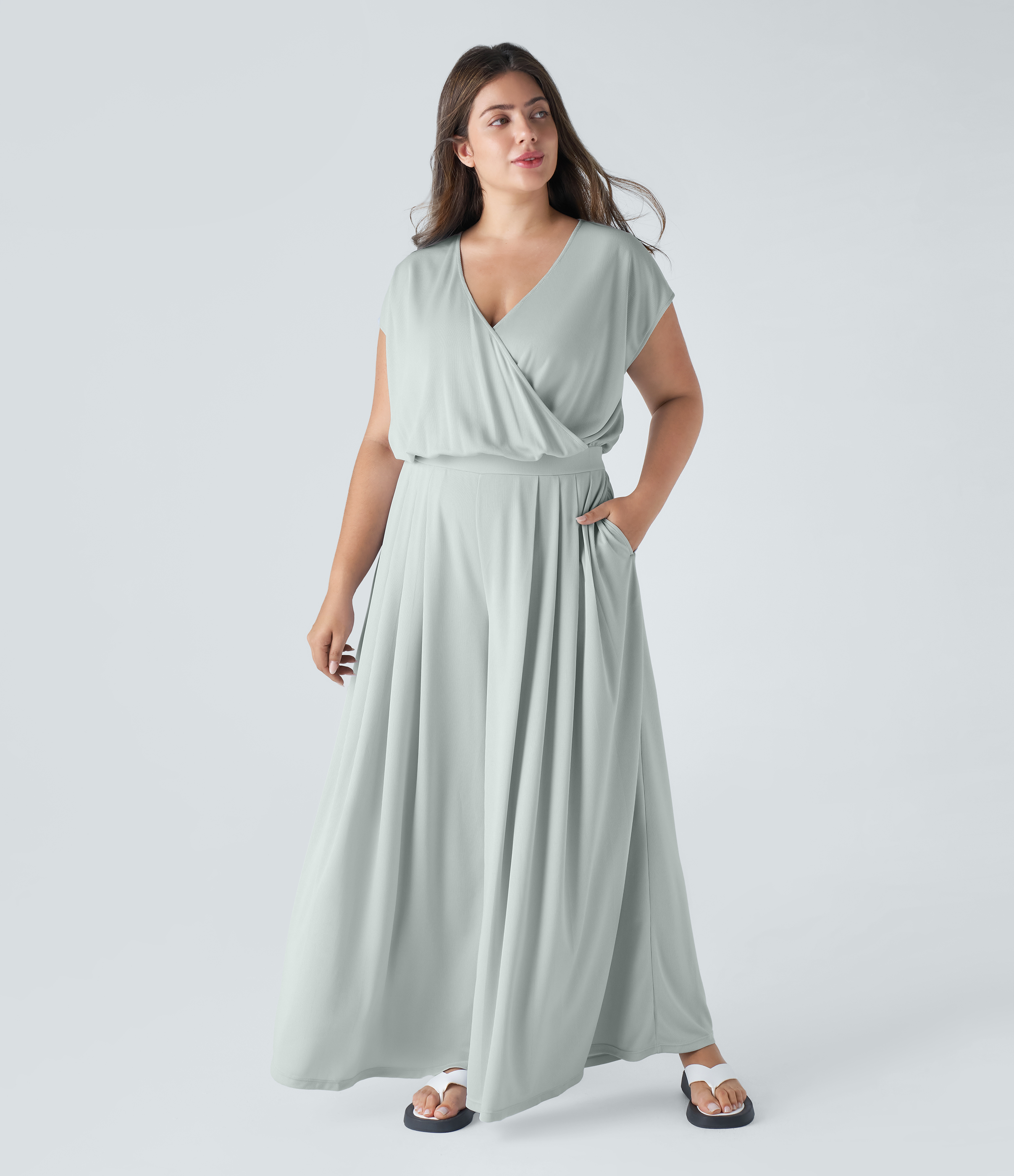 Women’s V Neck Short Sleeve Side Pocket Wide Leg Flowy Waffle Casual ...