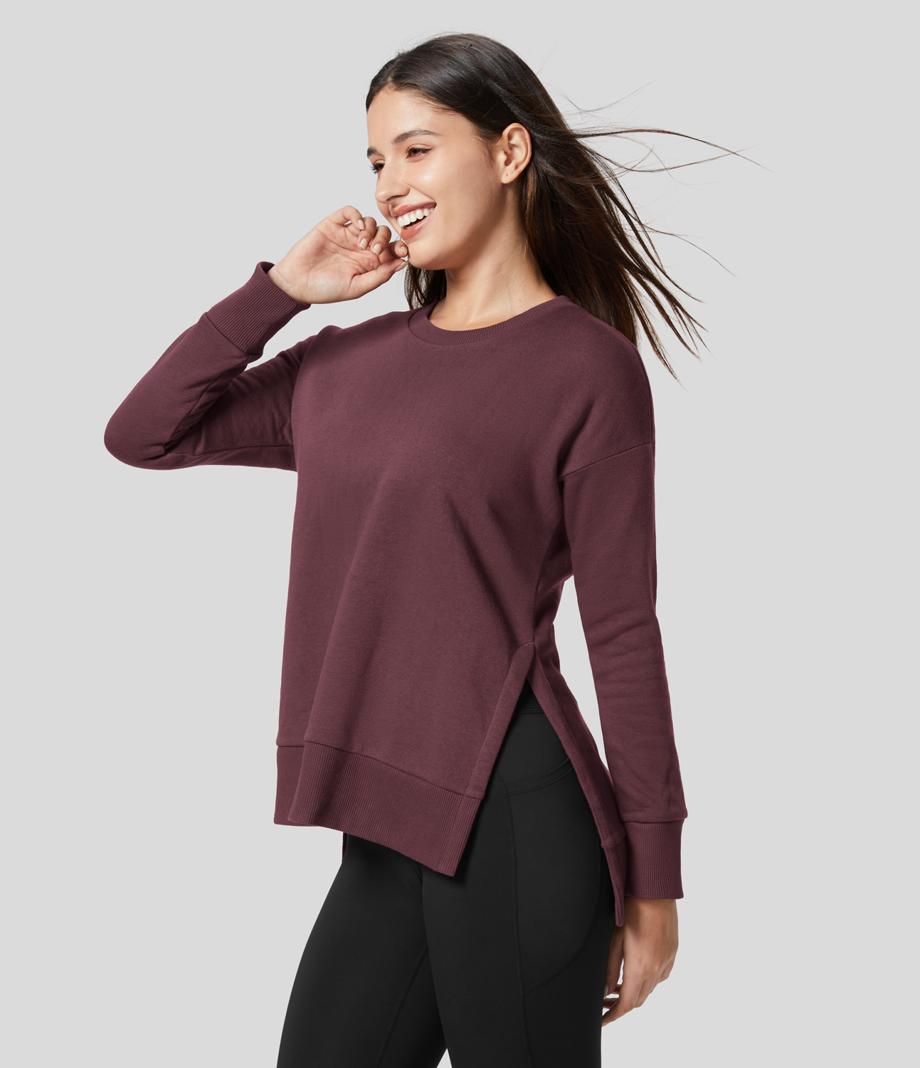 Women’s Round Neck Side Split Casual Cotton Sweatshirt - Halara