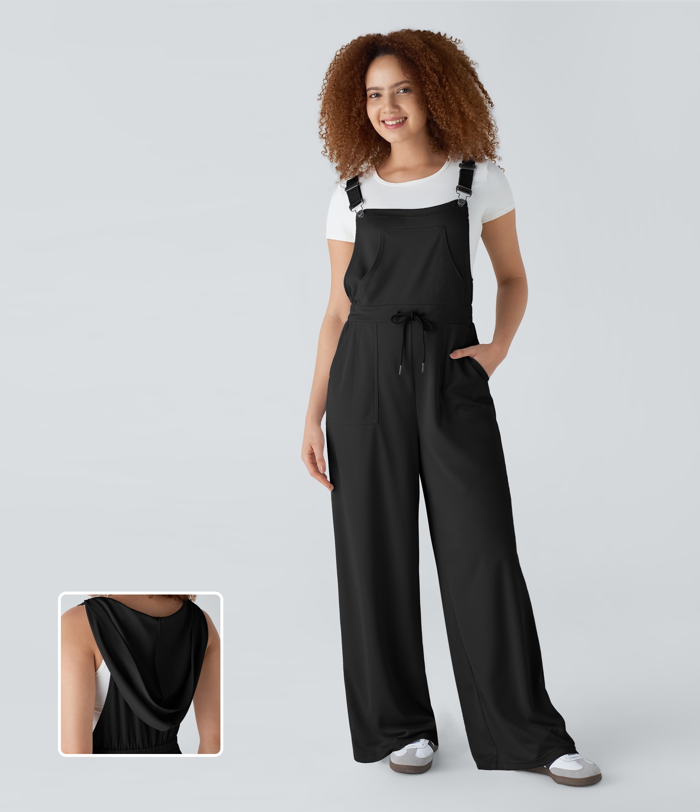 Women’s Hooded Drawstring Pockets Waffle Casual Overalls - Halara