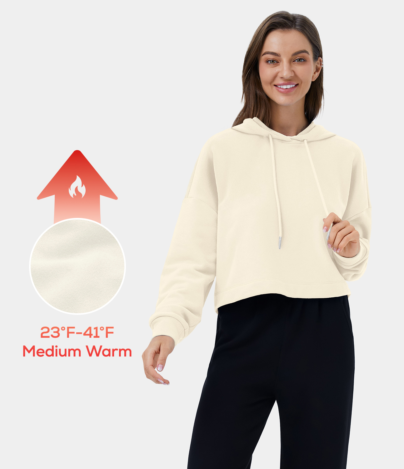 Womens Hooded Dropped Shoulder Drawstring Cropped Fleece Casual Hoodie