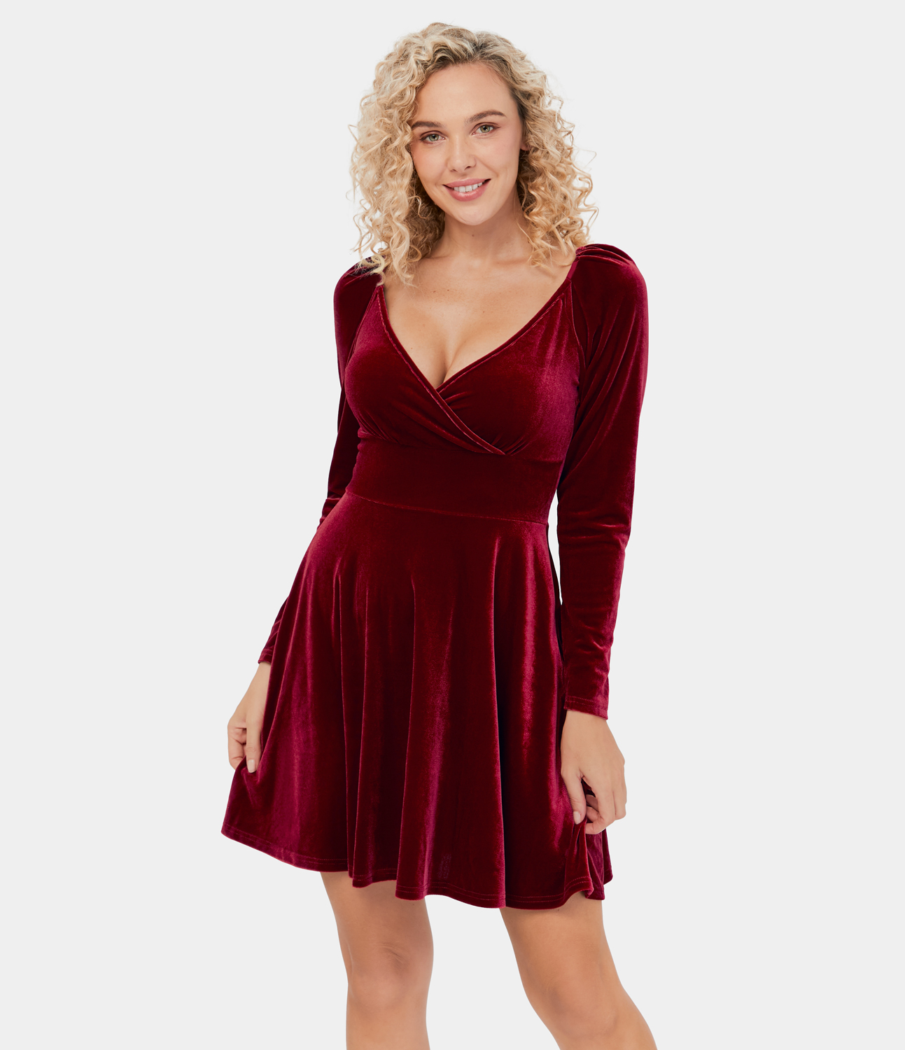 Women’s V Neck Long Sleeve Velvet Mini Flare Casual Dress - Halara