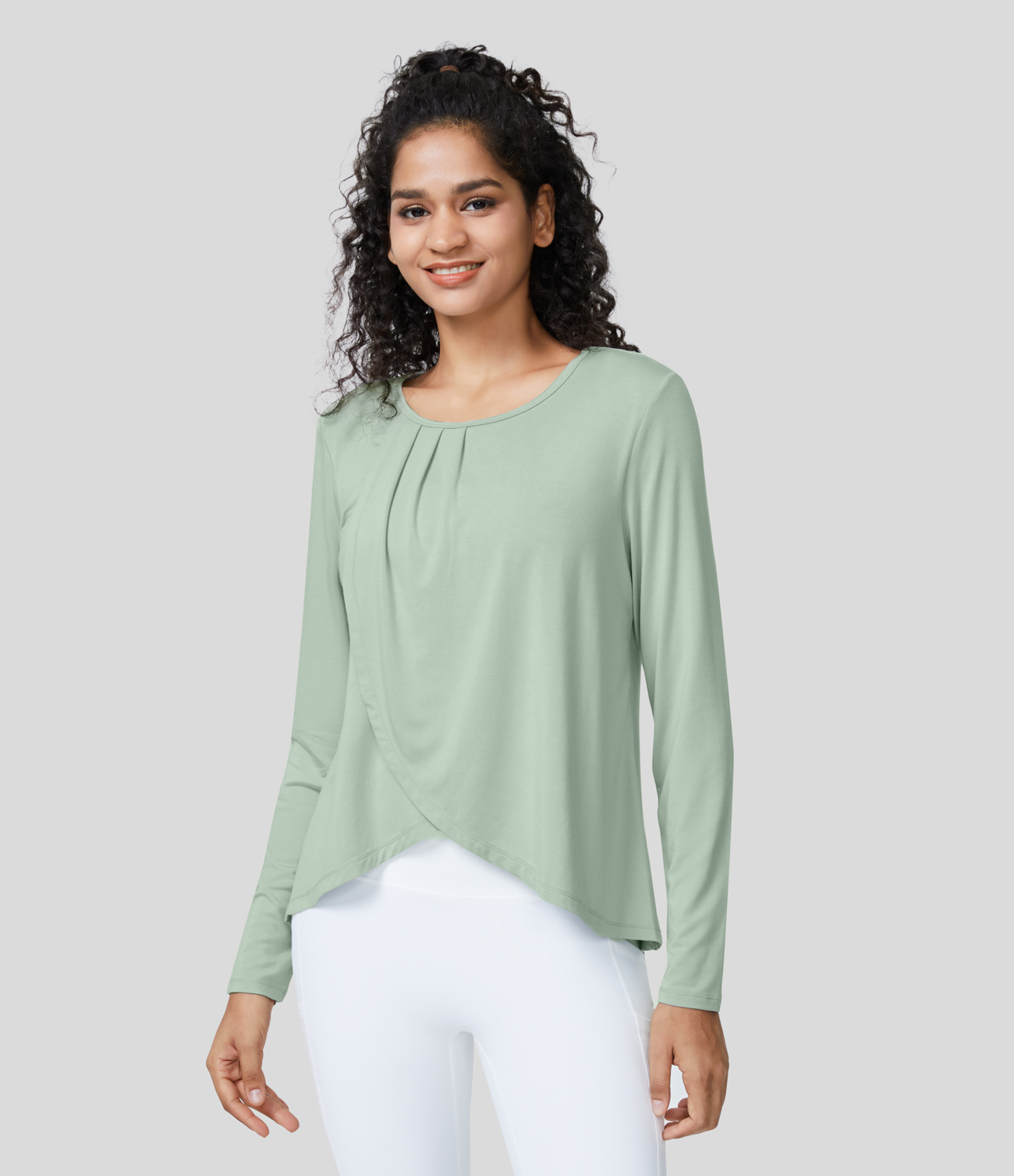 Women’s Round Neck Plicated Long Sleeve Crossover Hem Draped Yoga ...