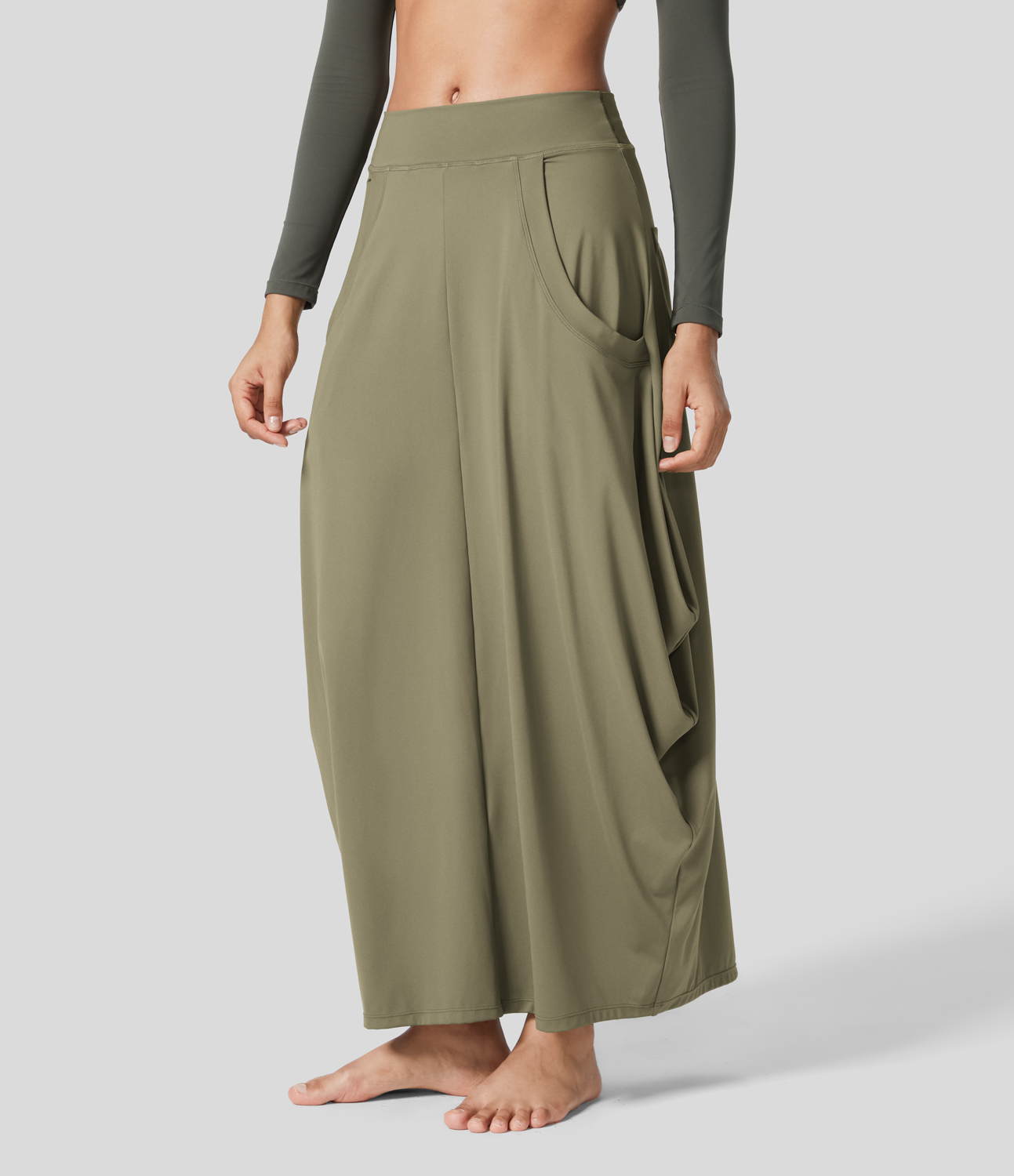 Women’s Mid Rise Multiple Pockets Side Draped Maxi Casual Lantern Skirt ...