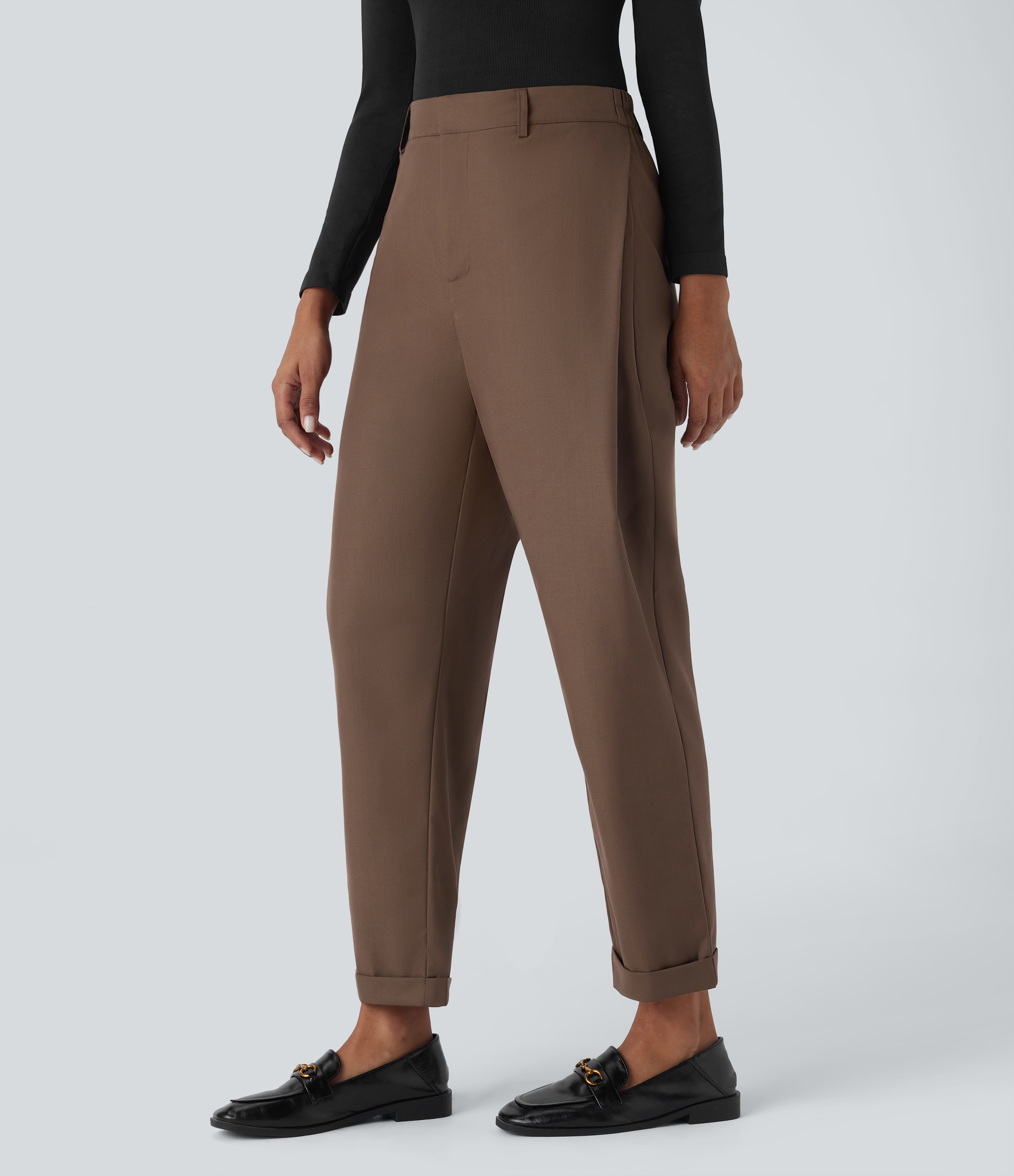 Damen Stoffhose mit hohem Bund, gefalteten Seitentaschen, gerolltem ...