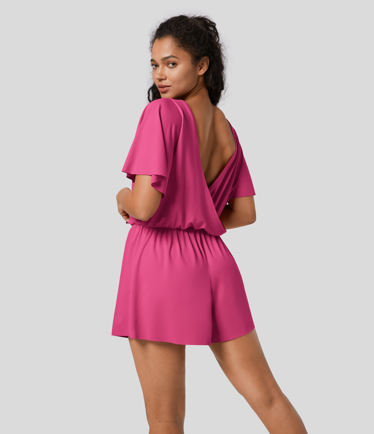 Women’s Backless Ruffle Short Sleeve Dance Romper - Halara
