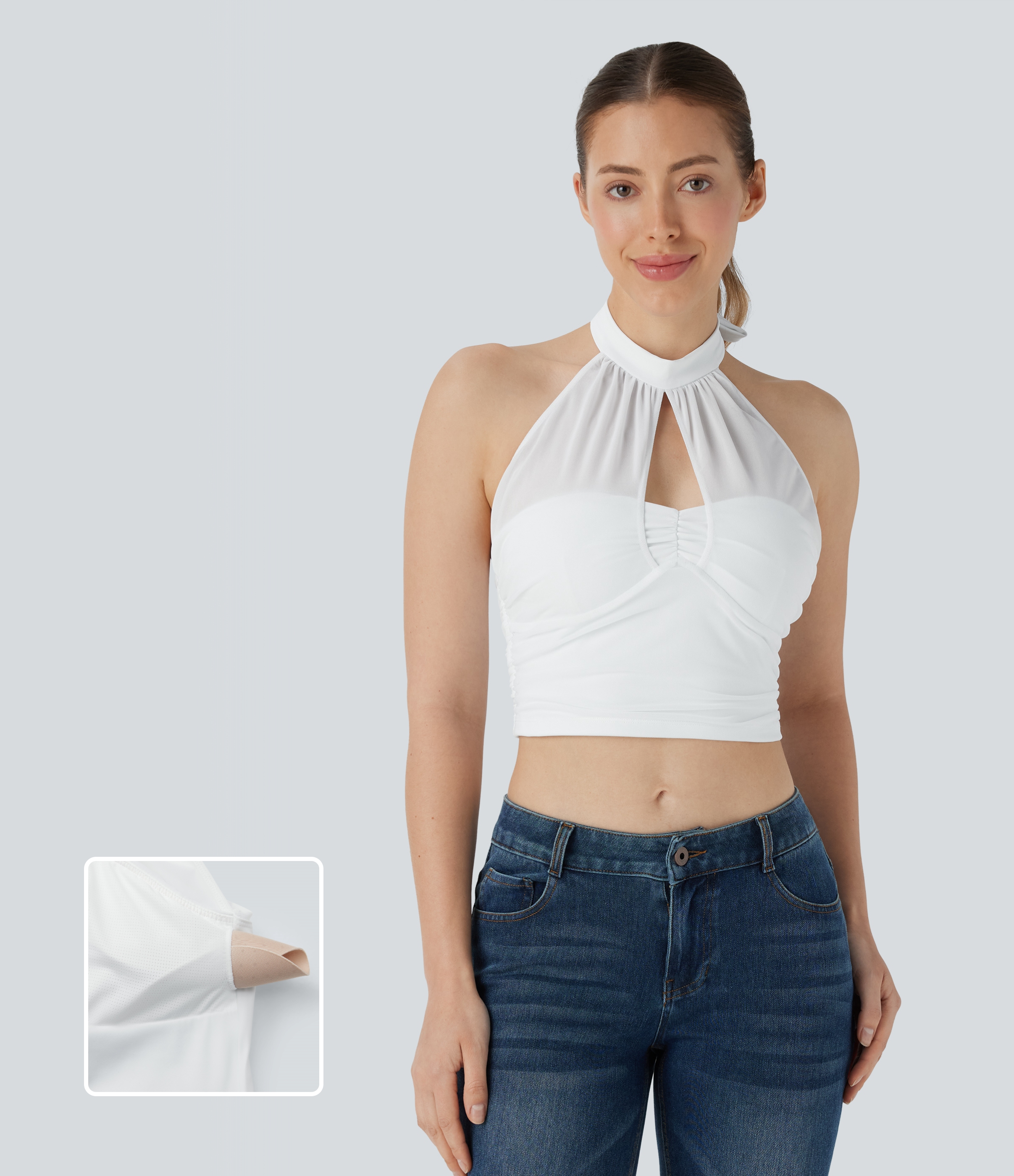 Women’s Halter Tie Back Cut Out Contrast Mesh Cropped Casual Top - Halara