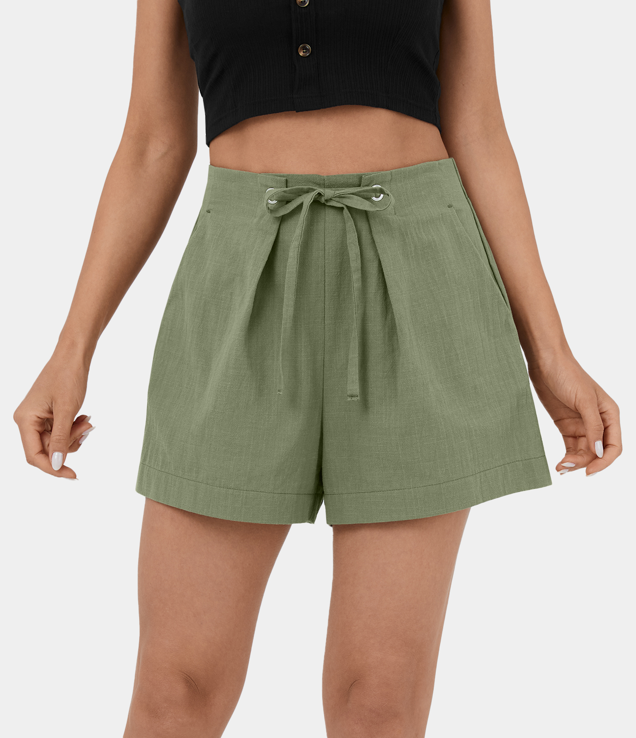 Women’s High Waisted Drawstring Plicated Side Pocket Casual Cotton ...