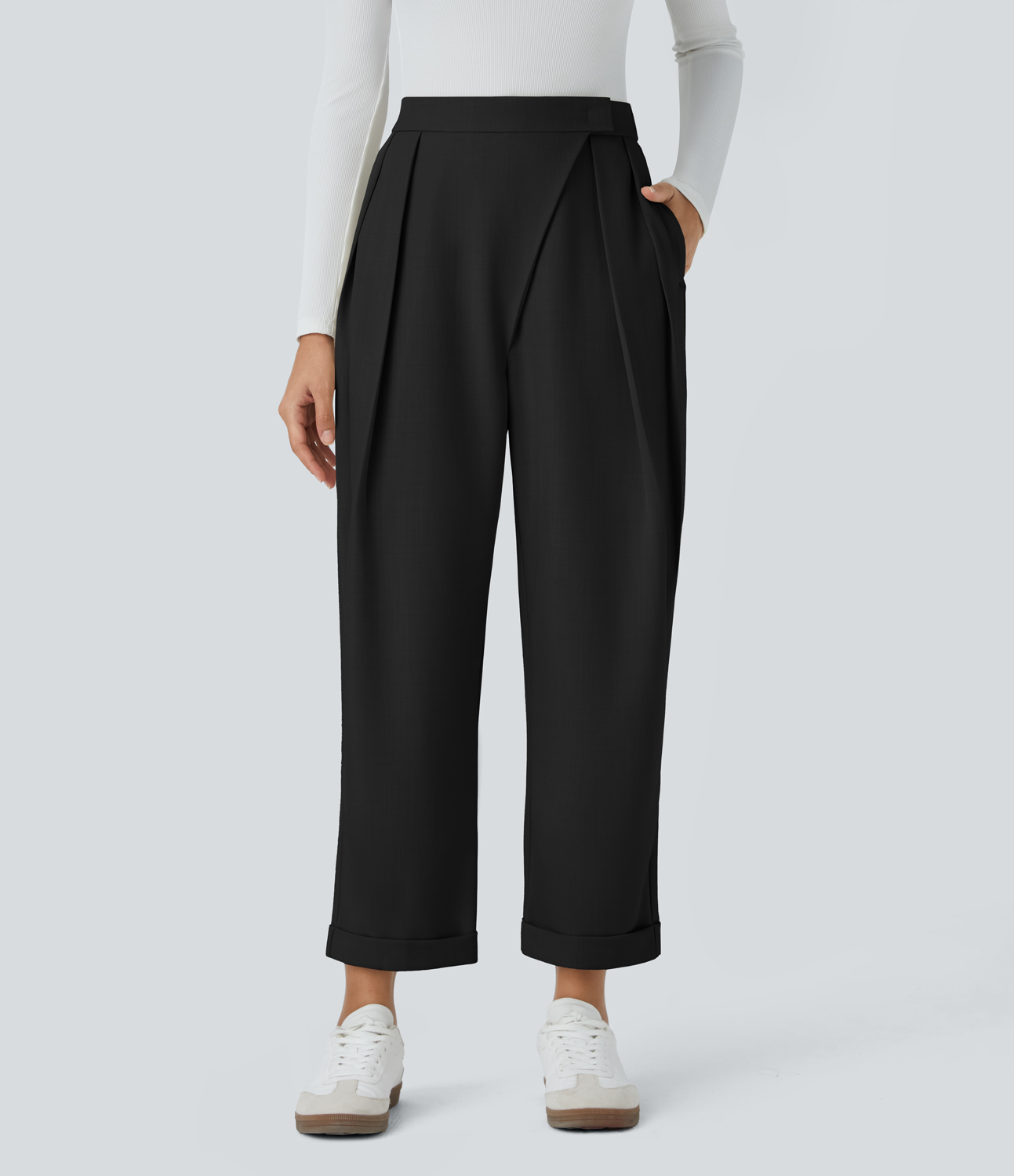 Women’s High Waisted Asymmetric Placket Side Pocket Rolled Hem Casual ...