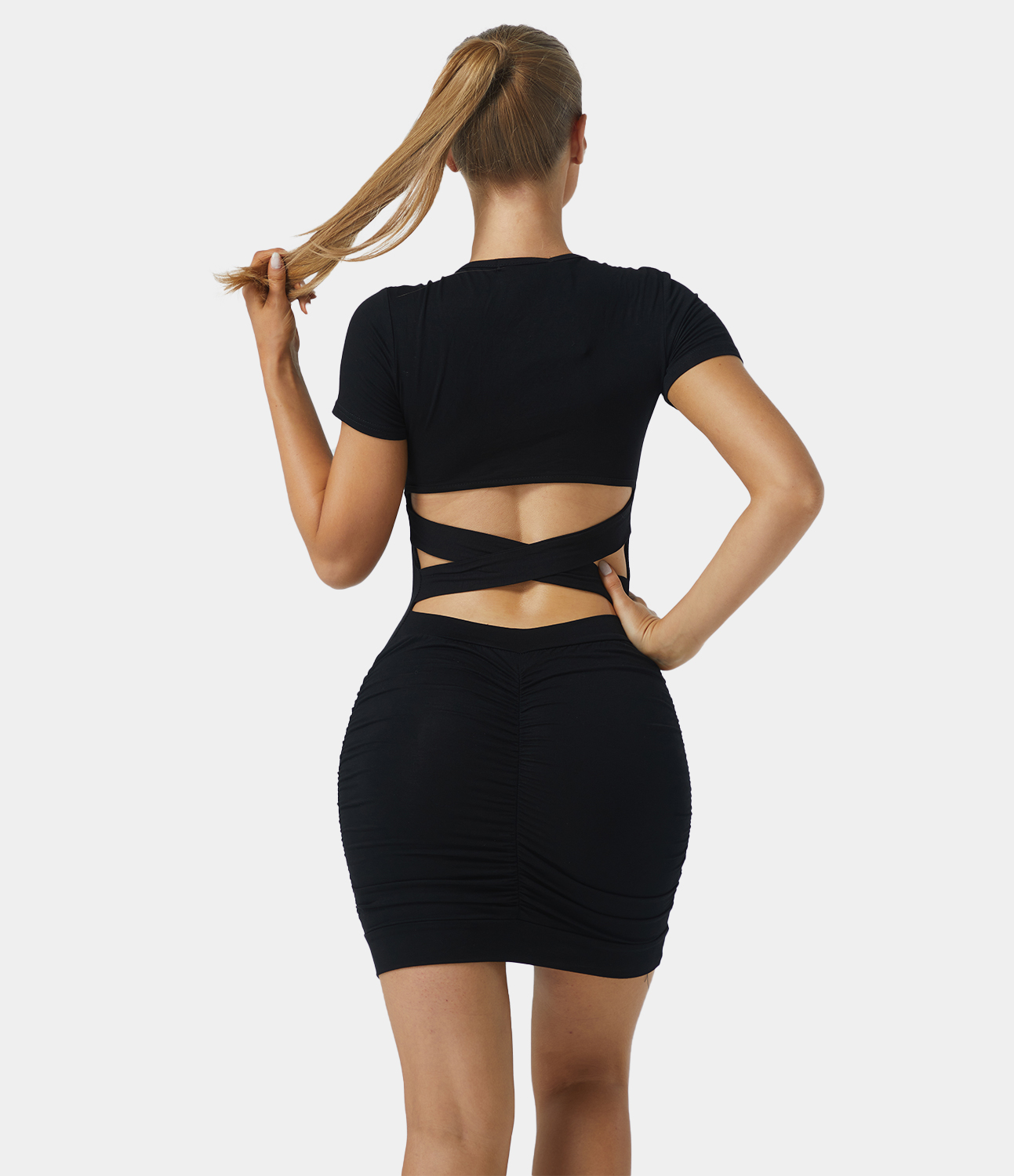 Women's U Neck Crisscross Cut Out Ruched Plain Mini Bodycon Dress - HALARA