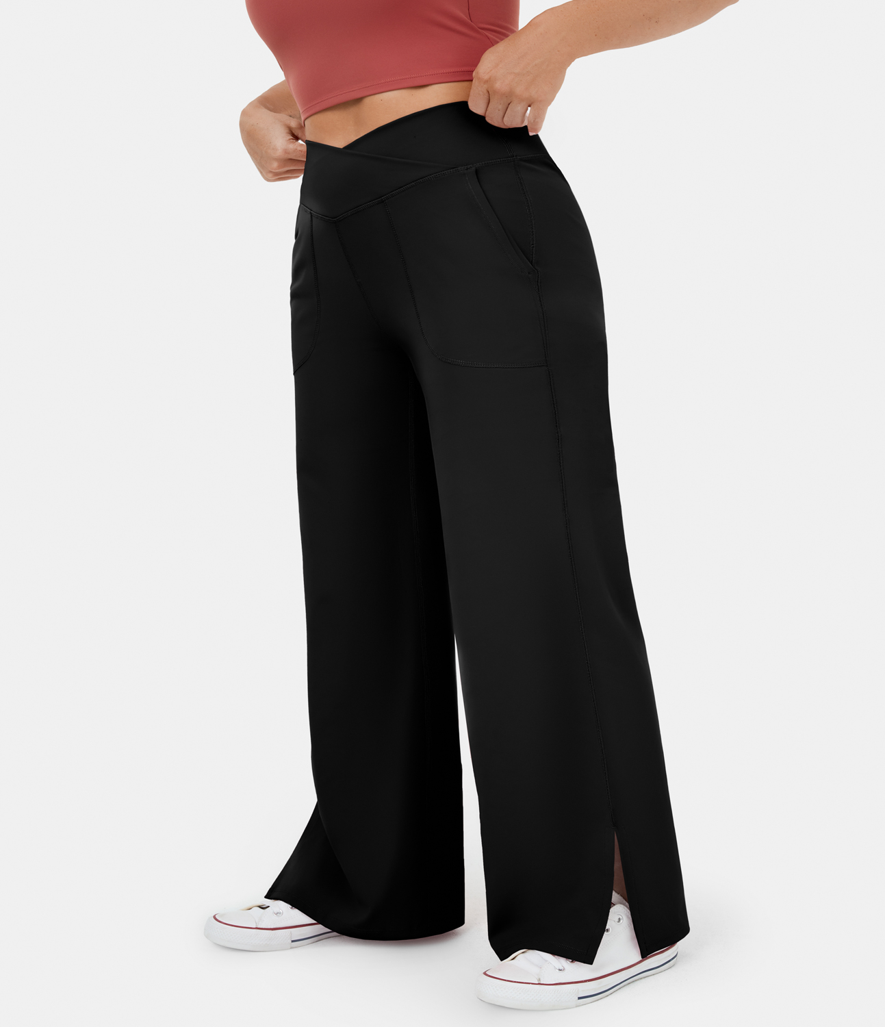 Crossover Pocket Split Hem Plus Size Wide Leg Yoga Pants Smile HALARA