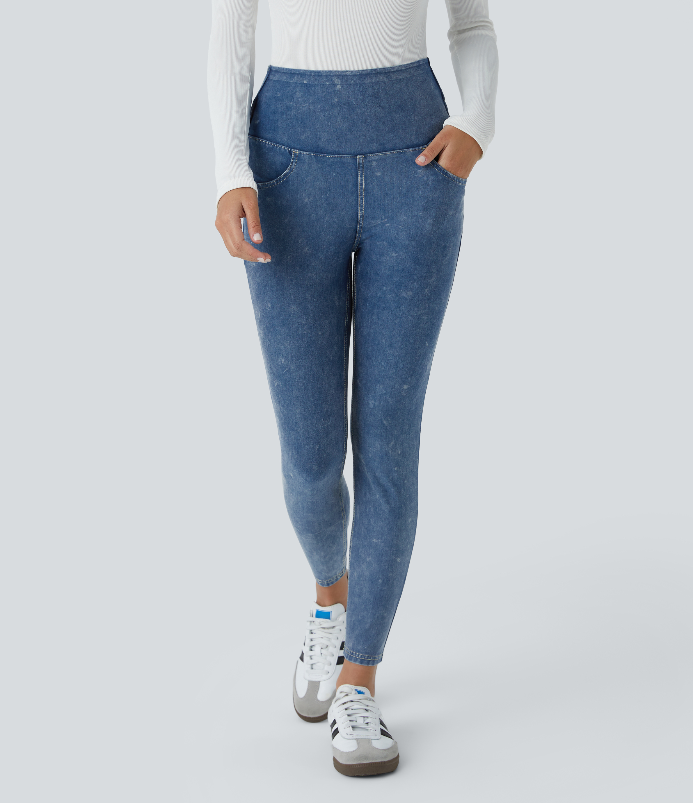 Women’s Halara Flex™ High Waisted Crossover Side Pocket Washed Stretchy Knit Denim Casual 7/8 ...