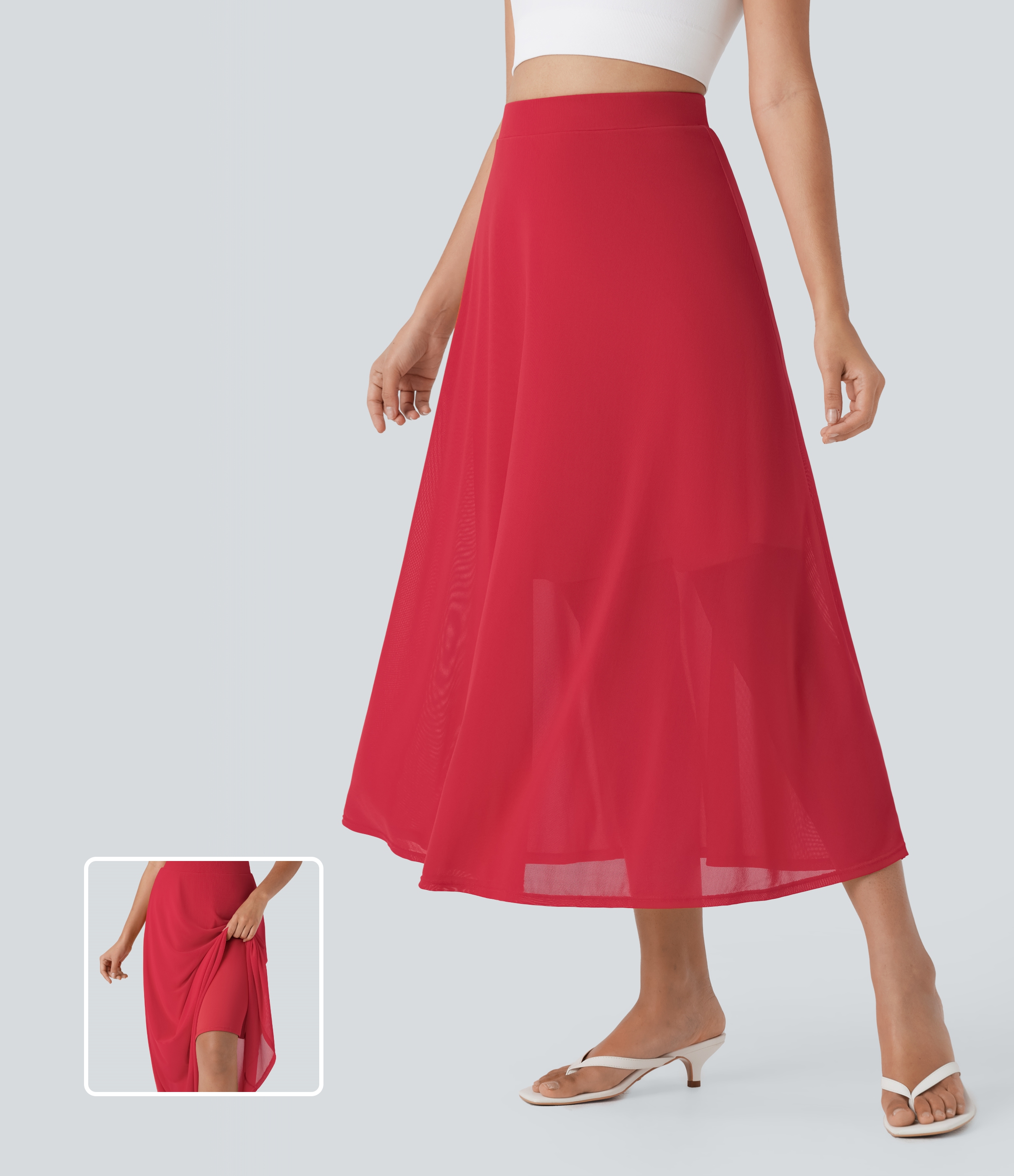 Women’s High Waisted Mesh Overlay 2-in-1 Flowy Midi Flare Casual Skirt ...