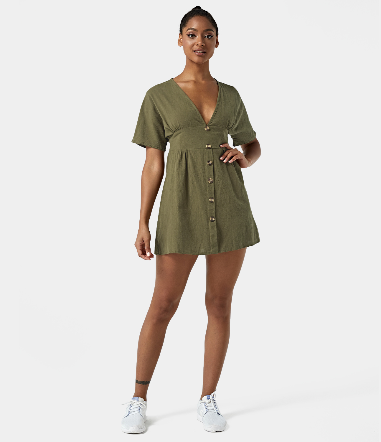 Women's Deep V Neck Button Front Mini Dress - HALARA