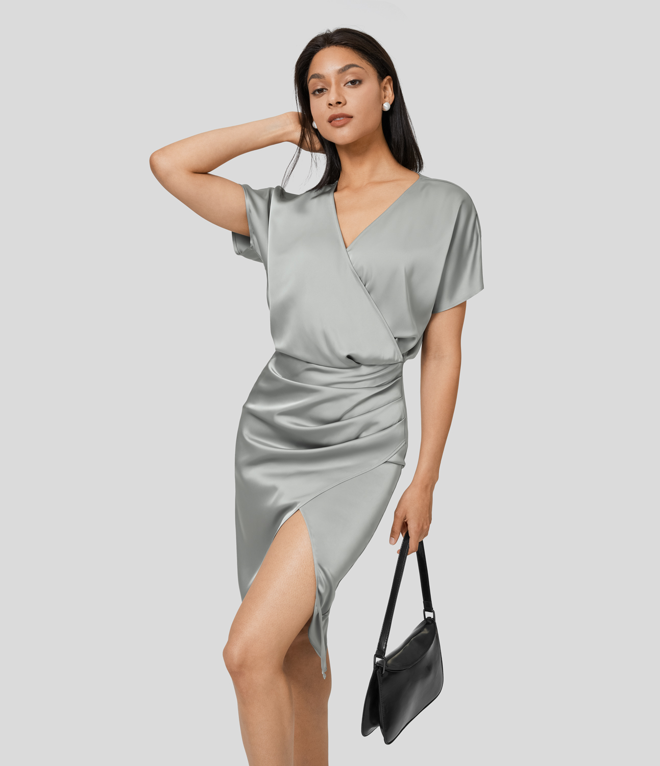 Women’s V Neck Crossover Invisible Zipper Ruched Split Midi Satin-Like ...
