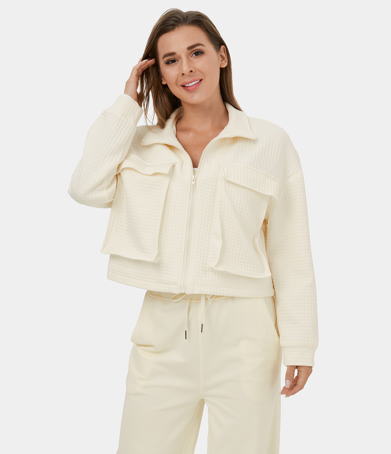 Women's Collared Full Zip Flap Pocket Cropped Fleece Casual Cargo ...