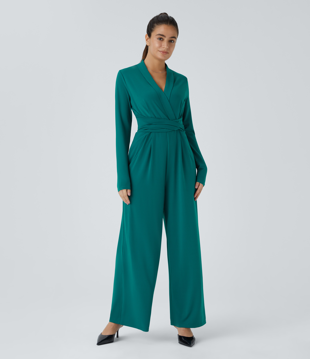 Women’s V Neck Snap Button Invisible Zipper Twisted Side Pocket Wide ...