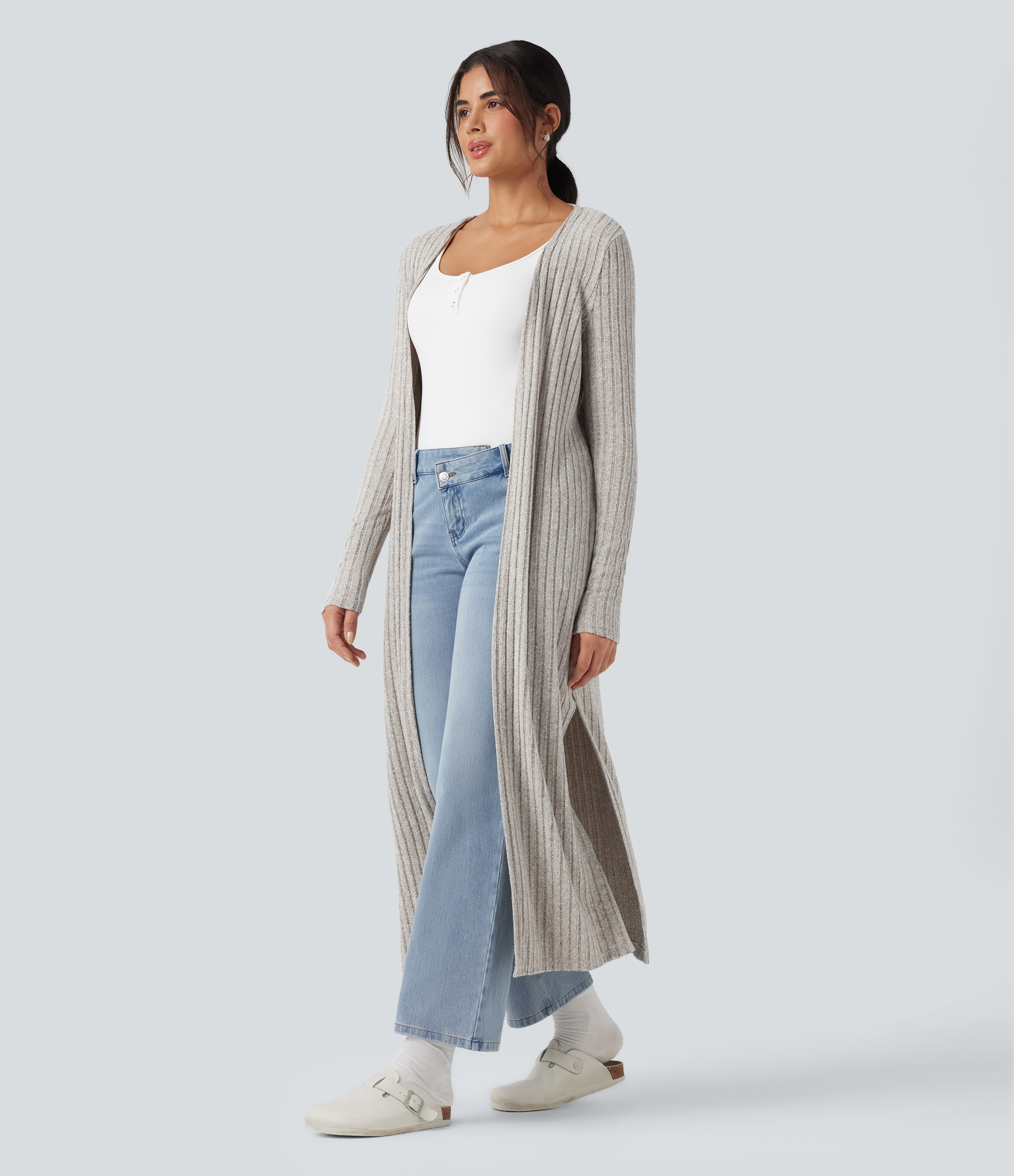 Women’s Ribbed Knit Long Sleeve Split Casual Longline Coat - Halara