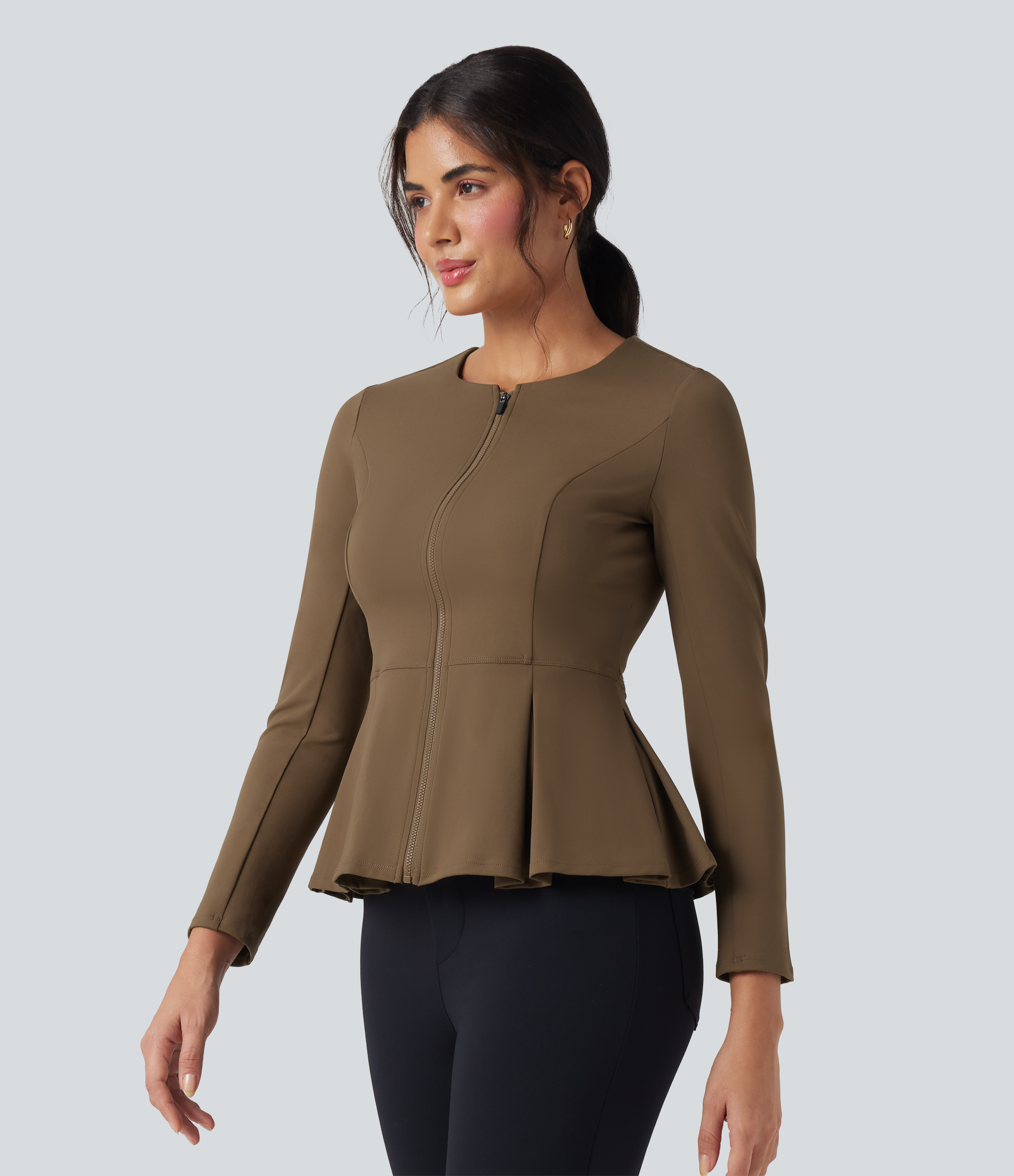 Women’s Round Neck Zip Fly Work Peplum Jacket - Halara