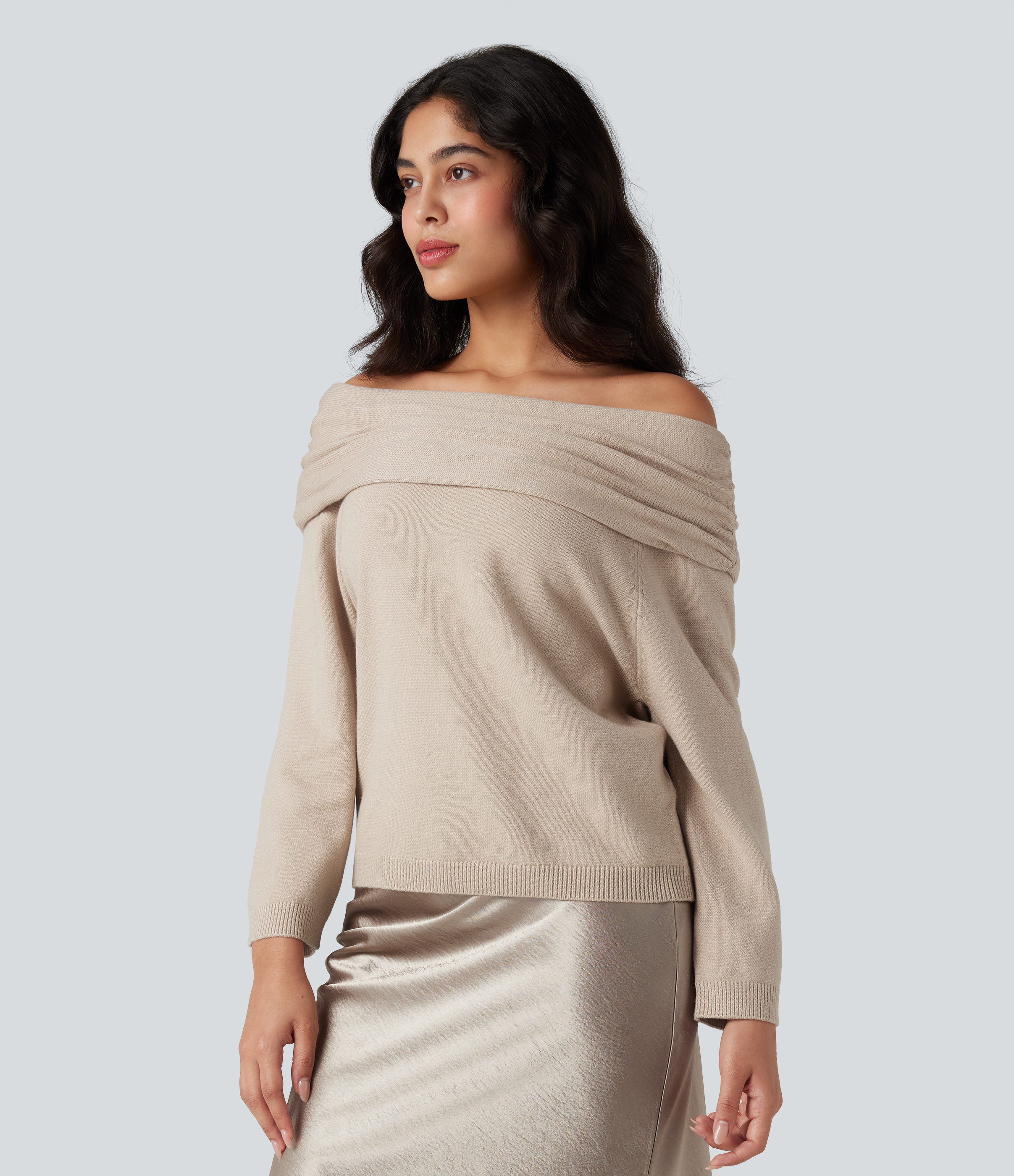 Women’s Off-shoulder Long Sleeve Work Sweater - Halara