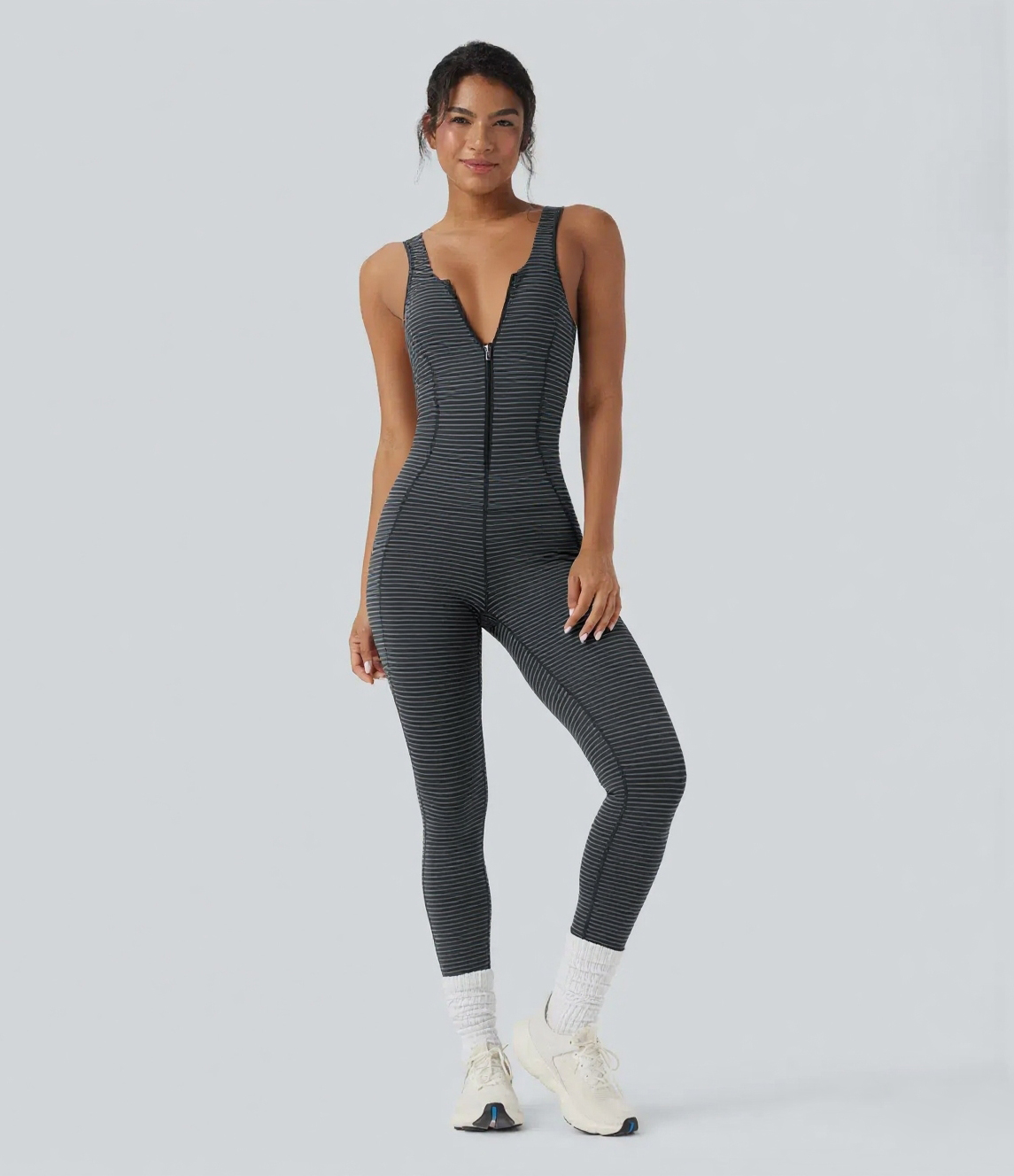 Women’s Half Zipper Sleeveless Striped Casual 7/8 Jumpsuits - Halara