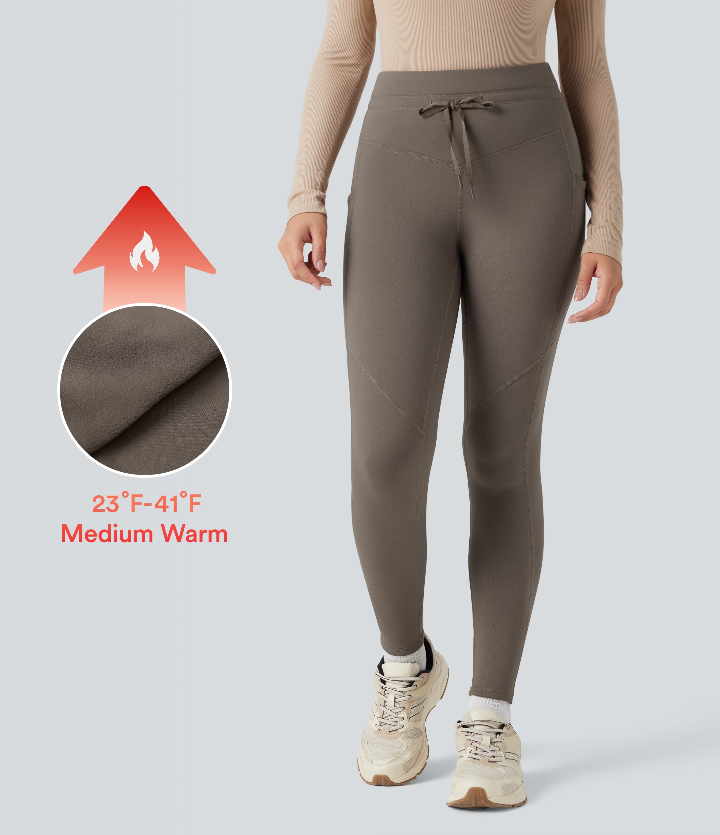 Women’s High Waisted Drawstring Fleece 7/8 Hiking Leggings with Pockets ...