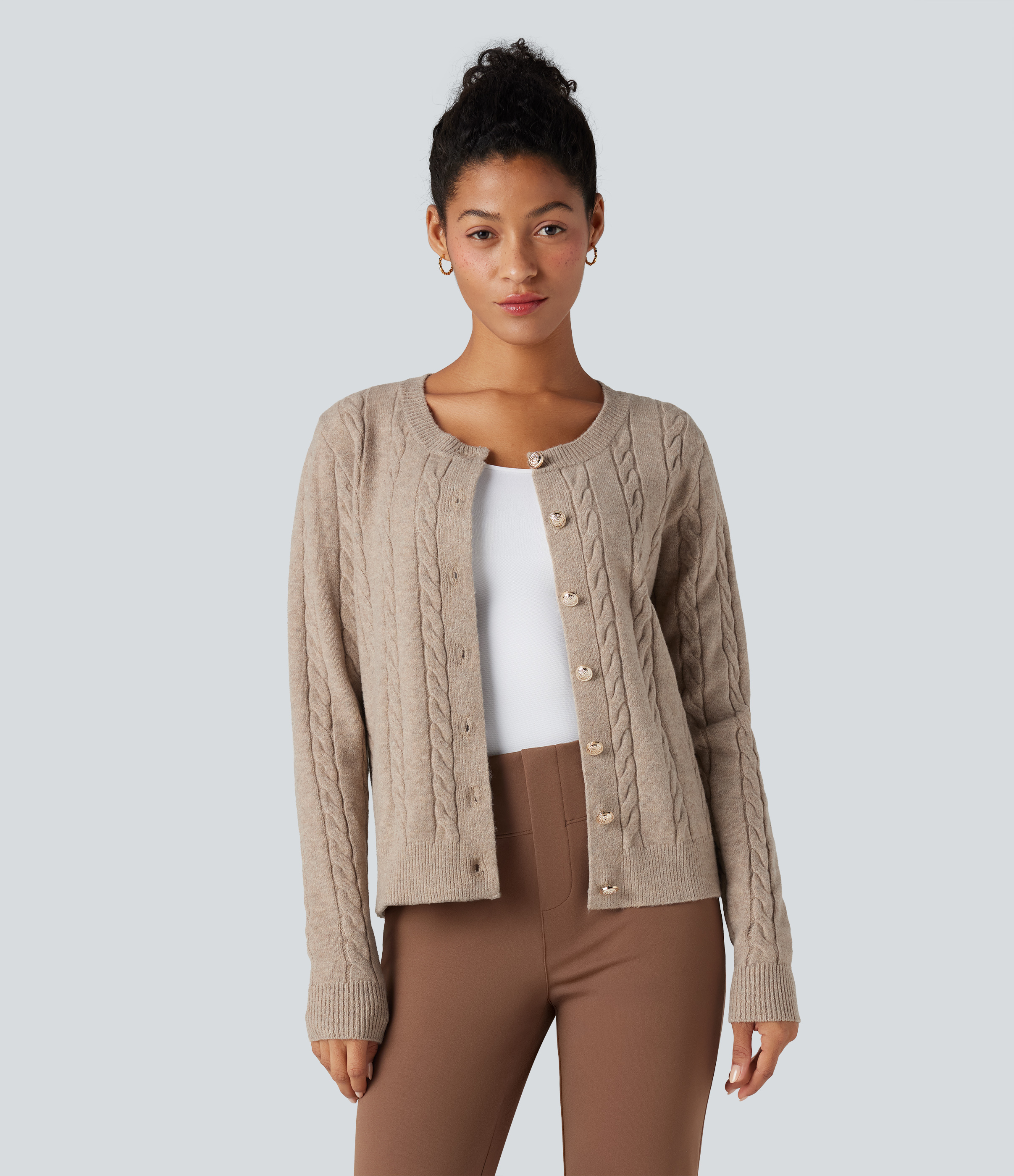 Women’s Round Neck Long Sleeve Cable Knit Work Cardigan - Halara
