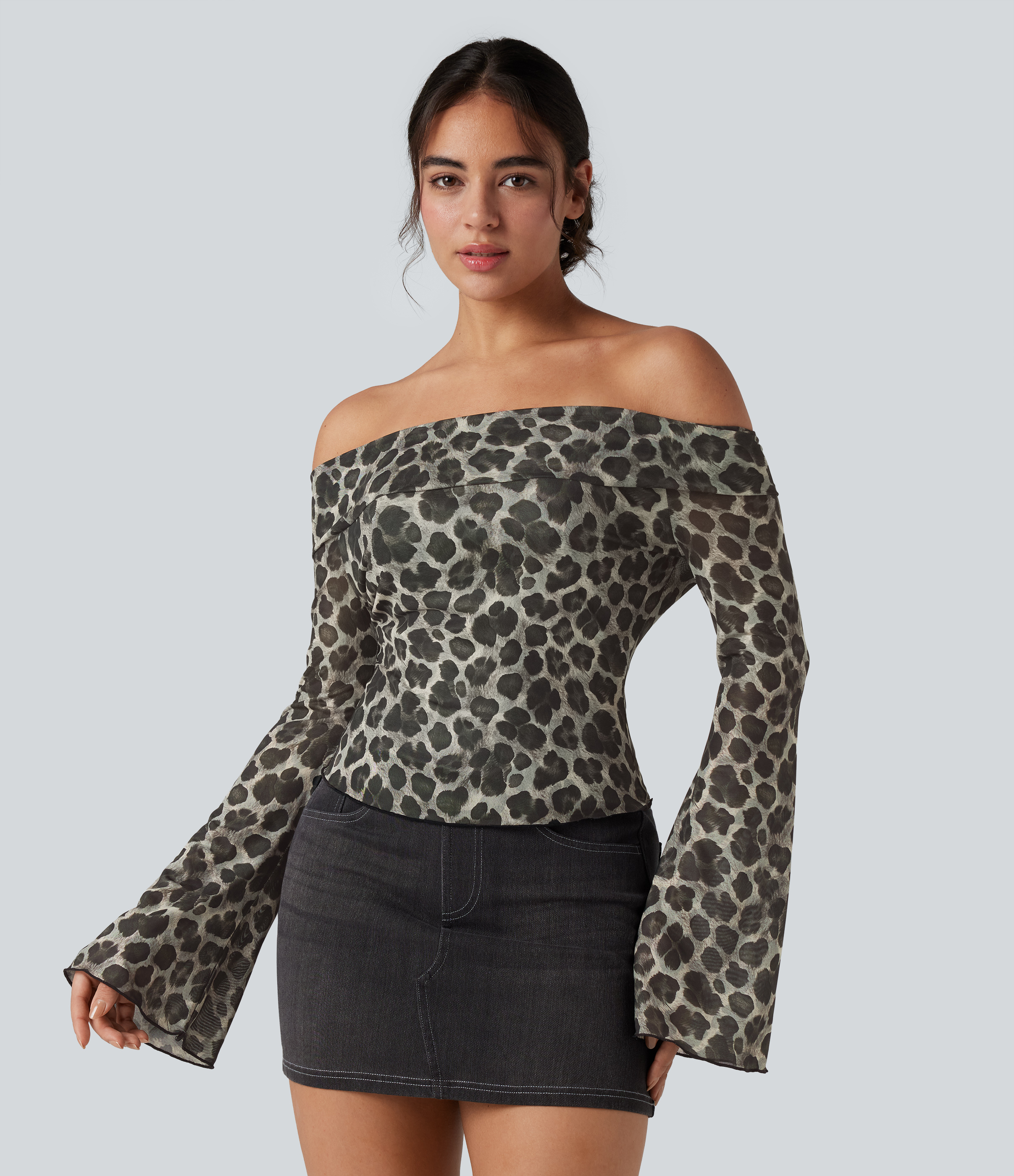 Women’s Off-shoulder Leopard Mesh Long Sleeve Casual Top - Halara