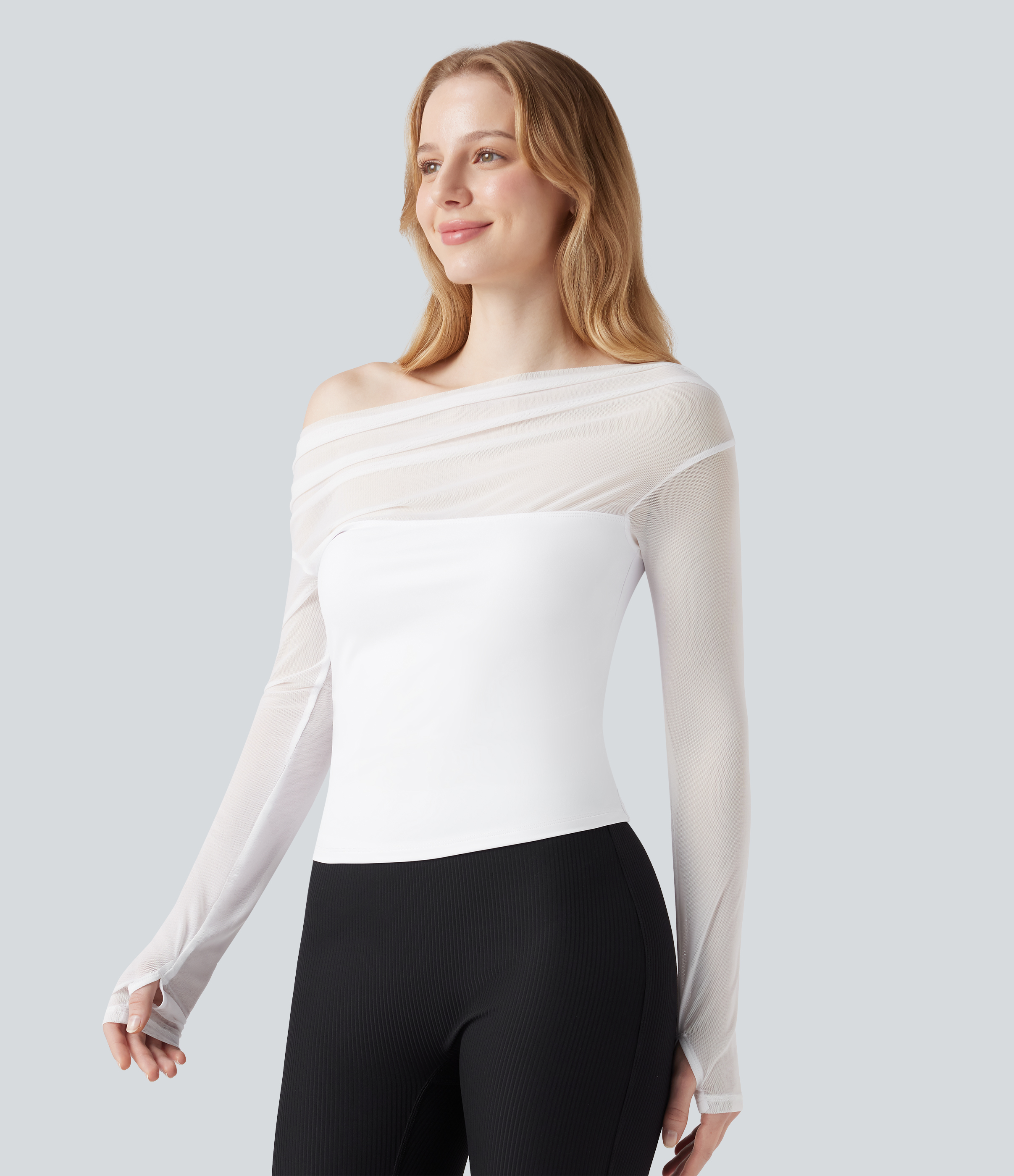 Women’s SoftlyZero™ Airy Off Shoulder Long Sleeve Thumb Hole Contrast ...