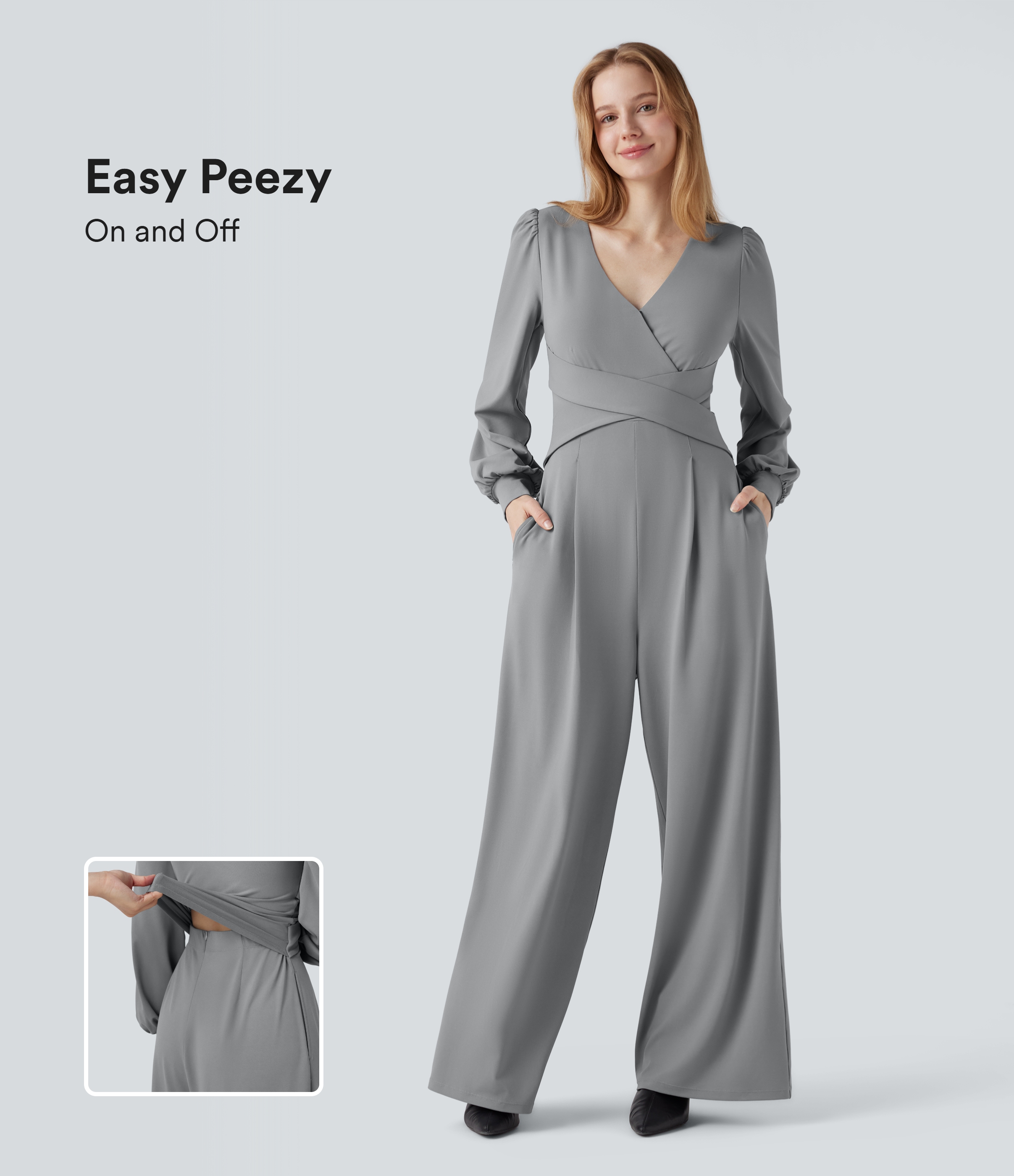 Women’s V-neck Puff Long Sleeve Crossover Work Jumpsuit with Pockets ...