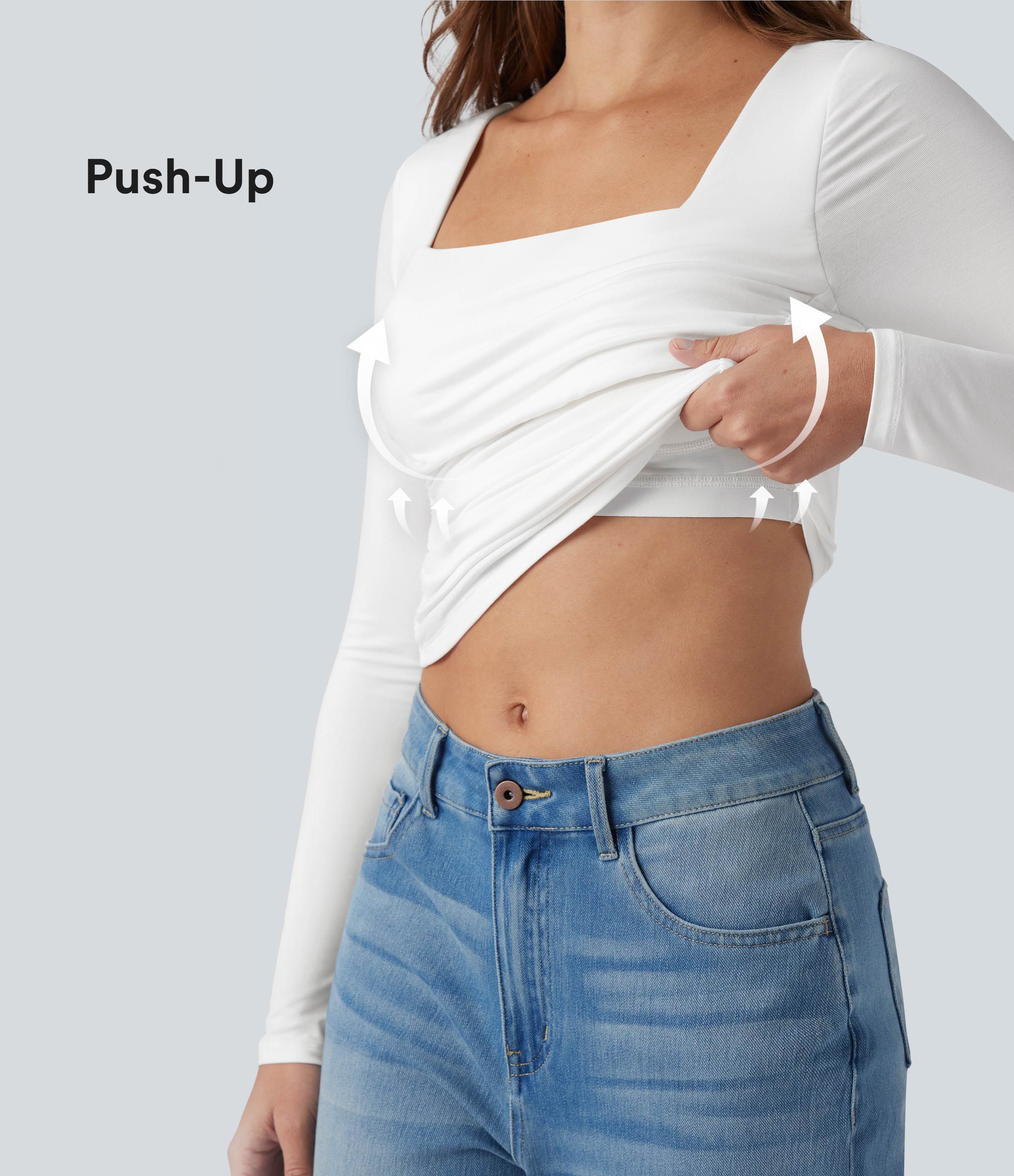 Women’s Square Neck Push-Up 2-in-1 Long Sleeve Ruched Casual T-Shirt A ...
