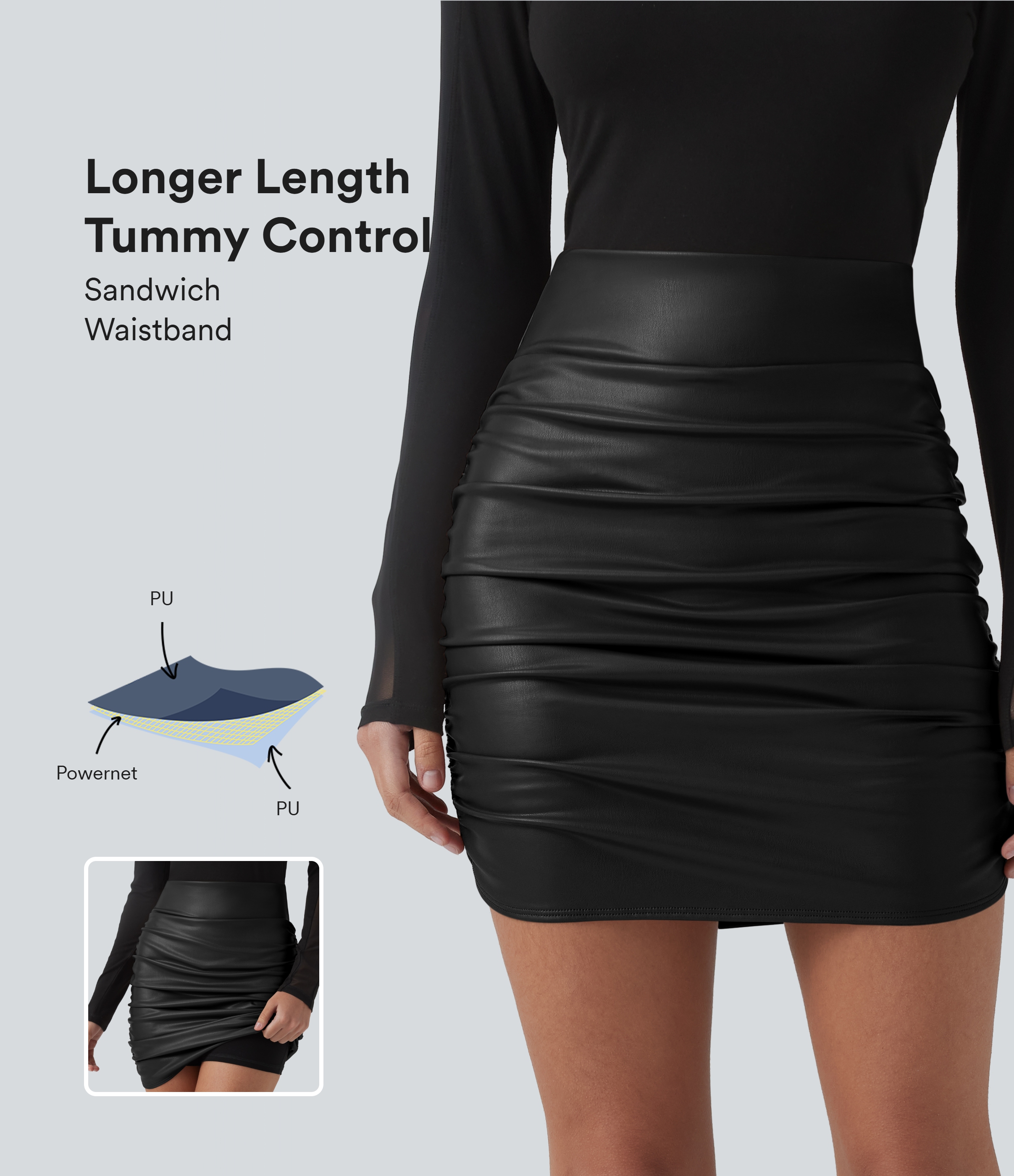 Women’s High Waisted Tummy Control Ruched Curved Hem 2-in-1 Fleece PU ...