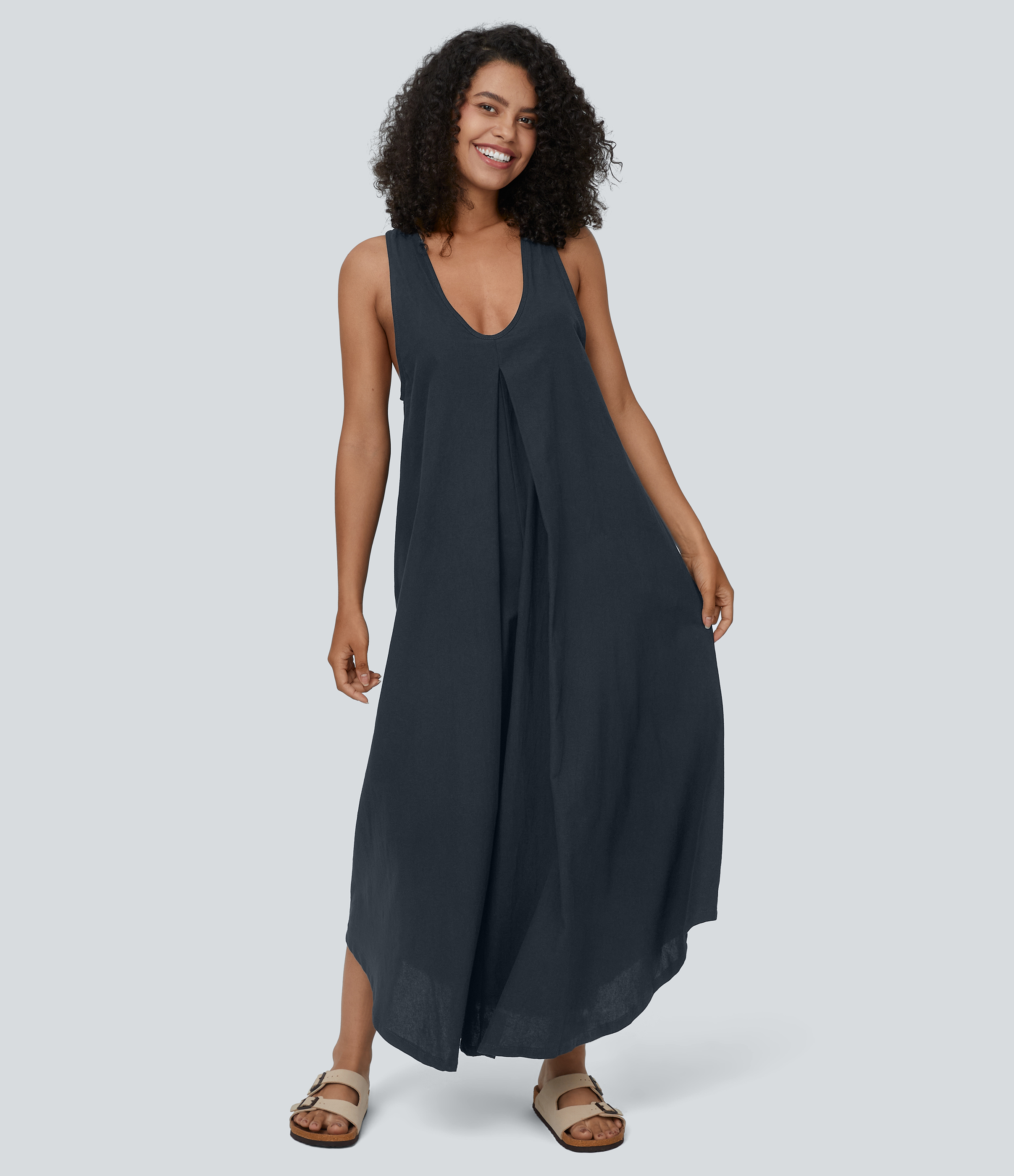 Damen Ärmelloses, plissiertes Flowy-Maxi-Kleid aus Baumwolle mit U ...