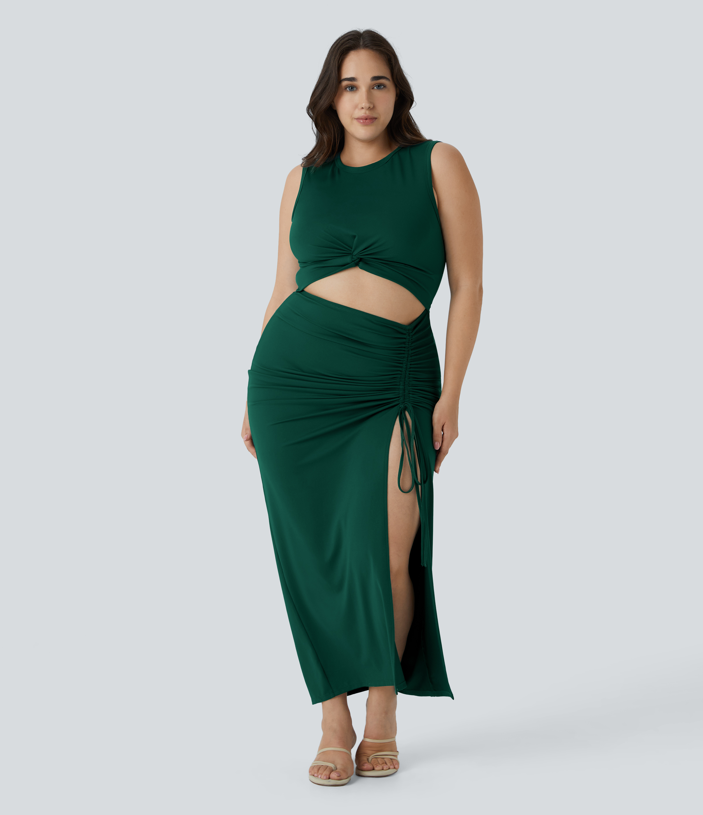 Women’s Round Neck Twisted Cut Out Ruched Drawstring Split Hem Bodycon ...