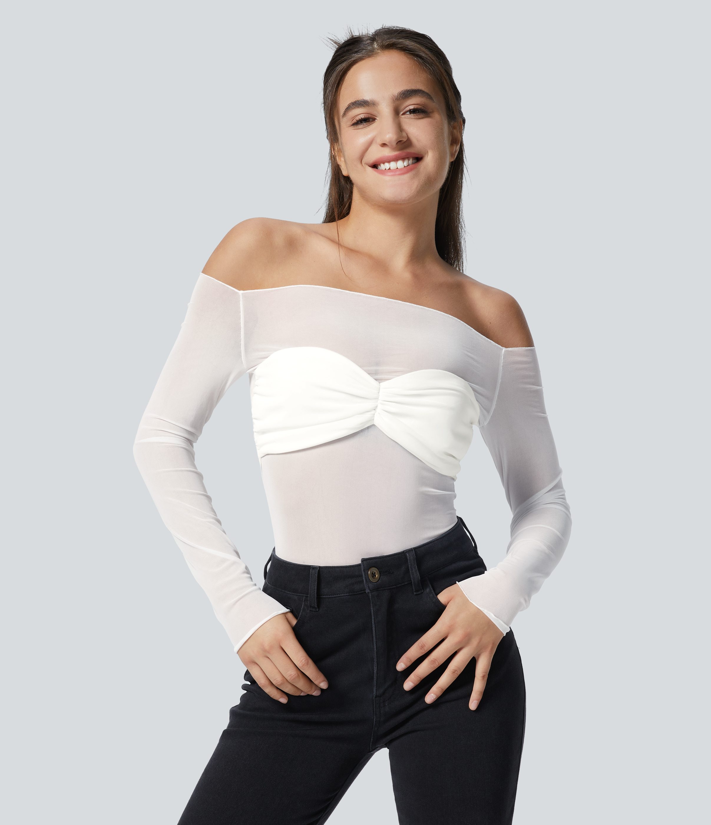 Women’s Sheer Mesh Off Shoulder Chest Ruched Top - Halara