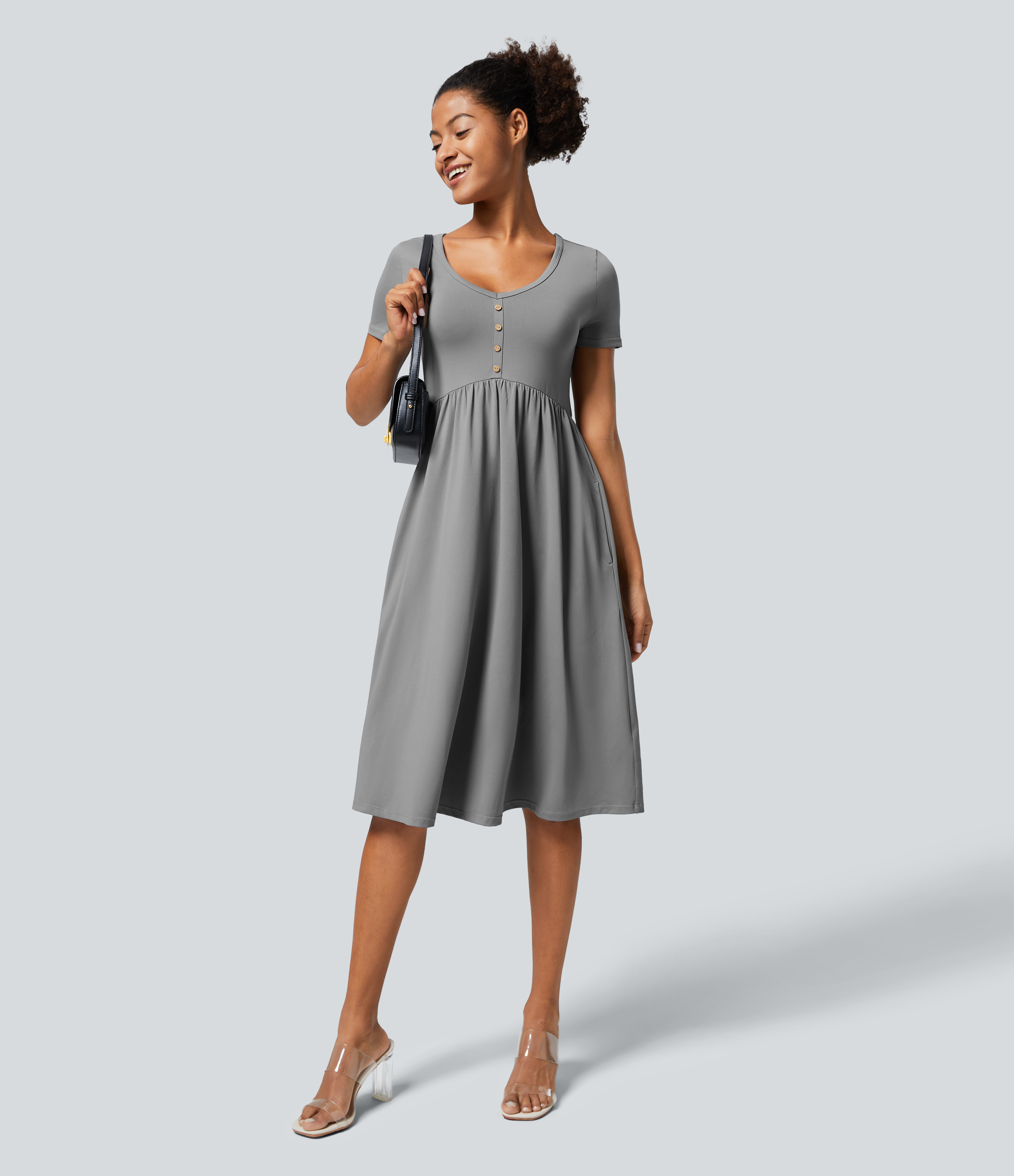 Women’s V Neck Decorative Short Sleeve Pocket Midi Casual Dress - Halara