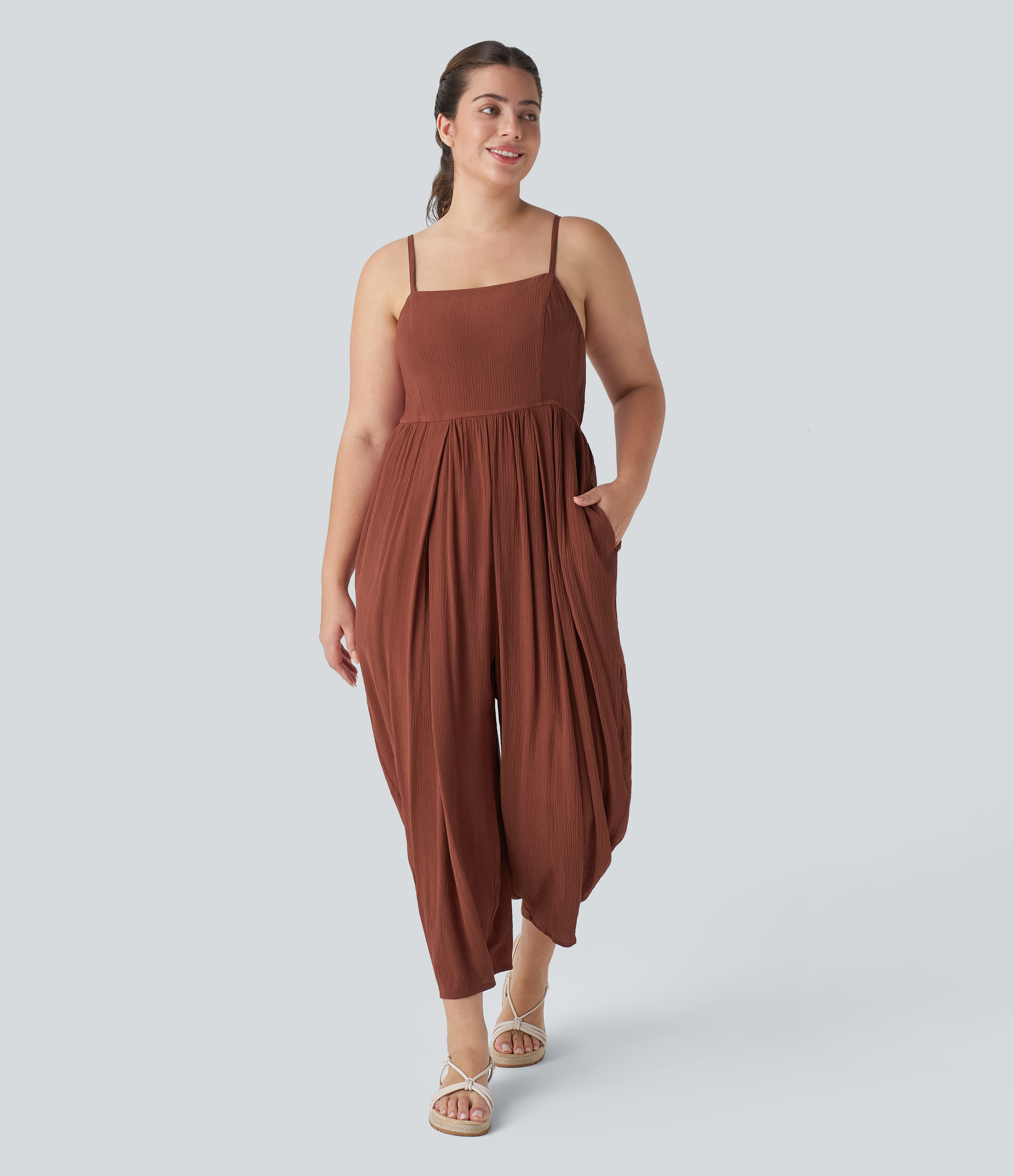 Women’s Spaghetti Strap Lace Up Pocket Plus Size Jumpsuit - Halara