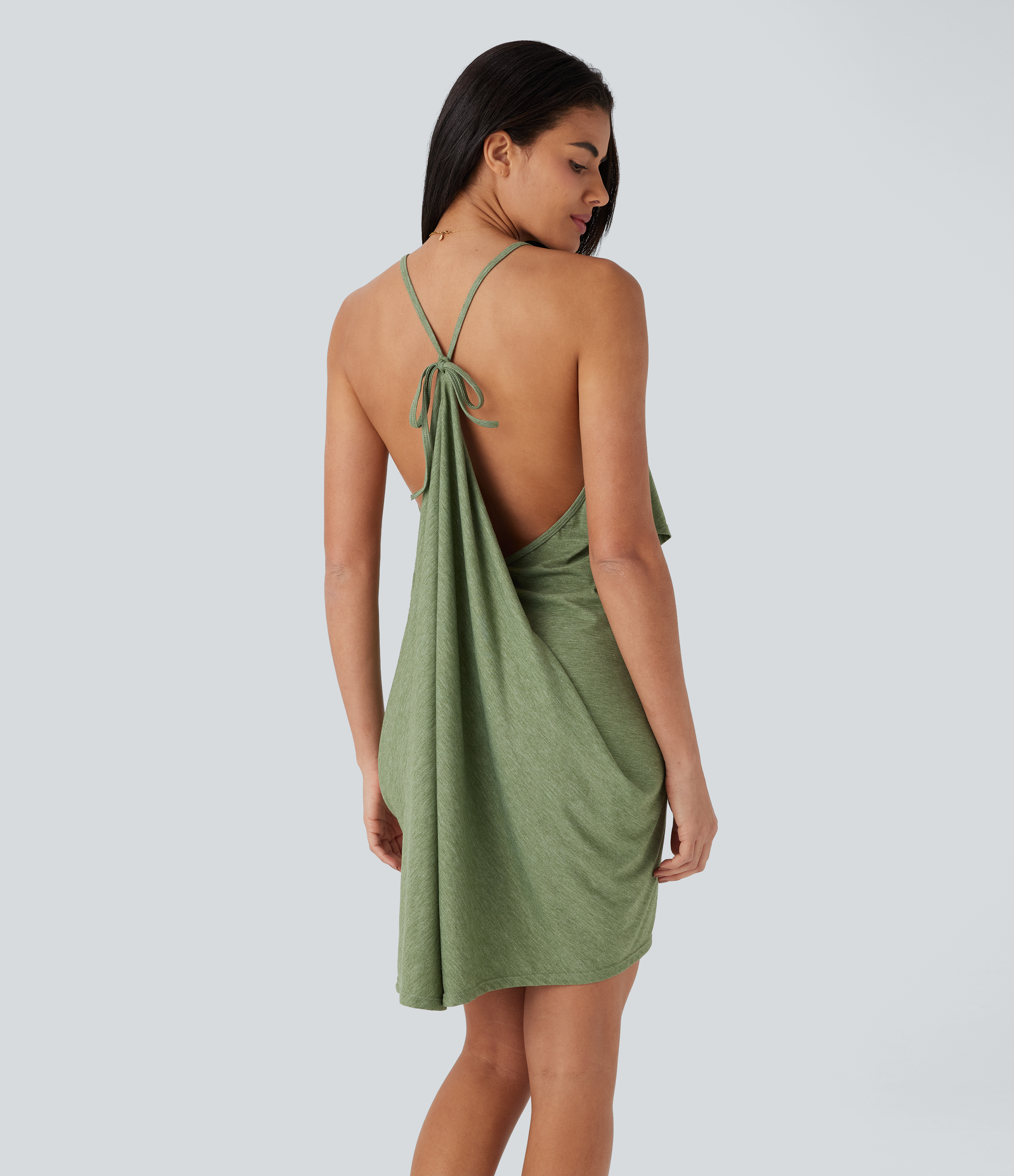 Women’s V Neck Backless Tie Back Ruched Mini Resort Slip Dress - Halara
