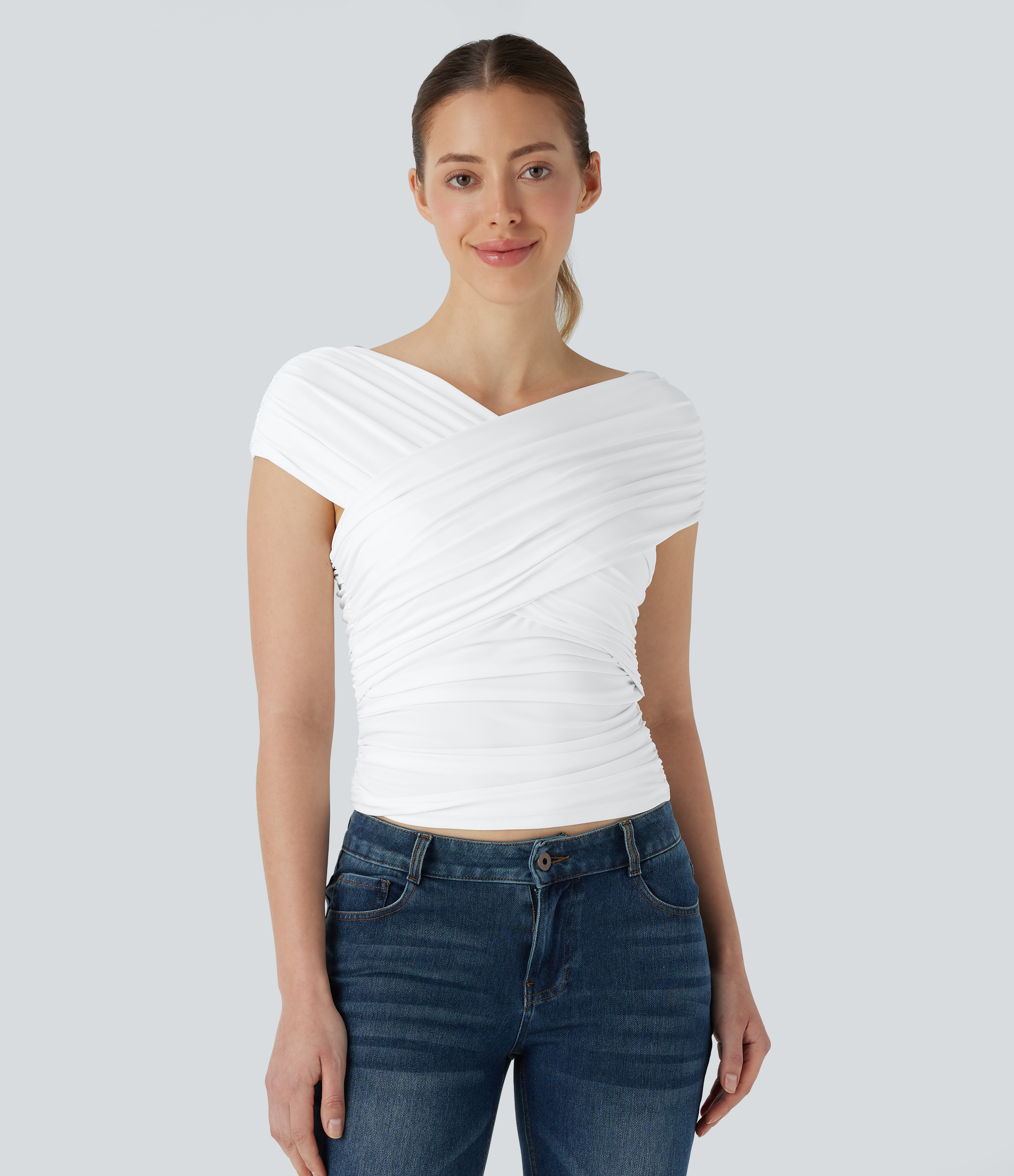 Women’s V Neck Cap Sleeve Crossover Ruched Skinny Casual Top - Halara
